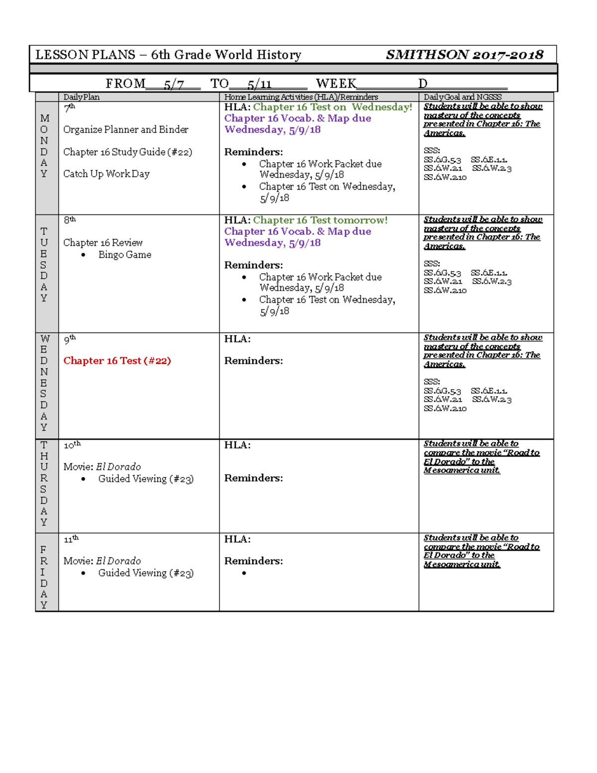 Week 8 - LESSON PLANS – 6th Grade World History SMITHSON 2017- 2018 ...