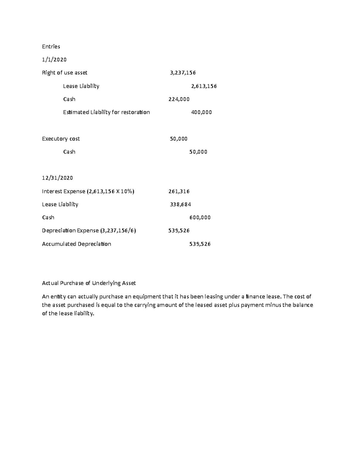 Leases 5 - Entries 1/1/ Right of use asset 3,237, Lease Liability 2,613 ...