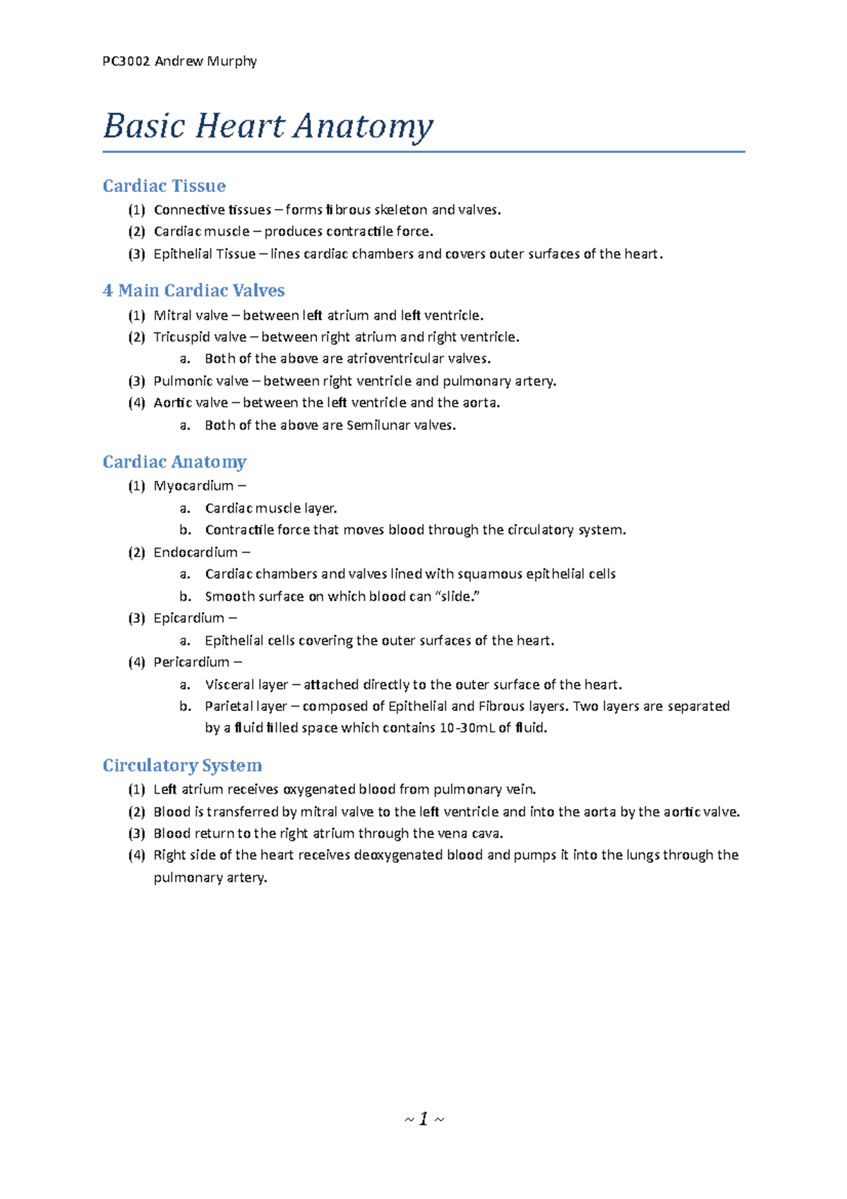 2012 Pc3002 Leture Notes - Basic Heart Anatomy Cardiac Tissue (1 ...