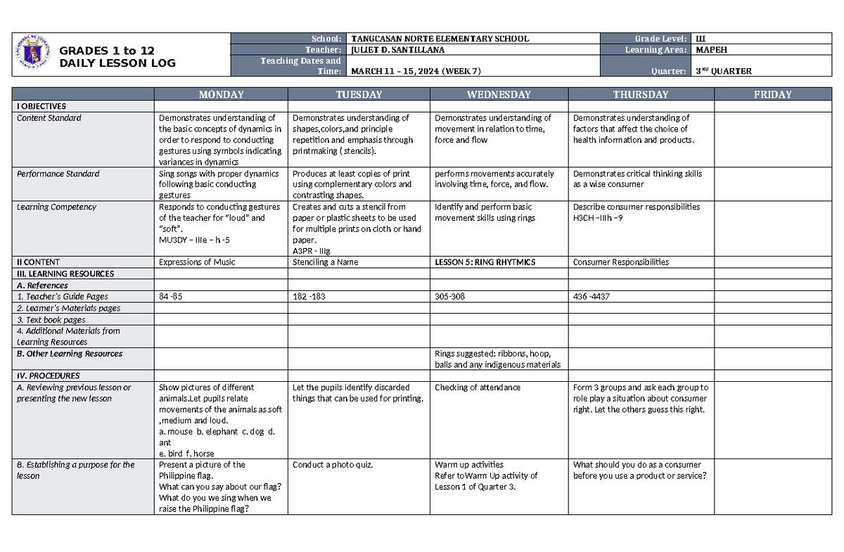 DLL Mapeh 3 Q3 W7 - DLL - GRADES 1 to 12 DAILY LESSON LOG School ...