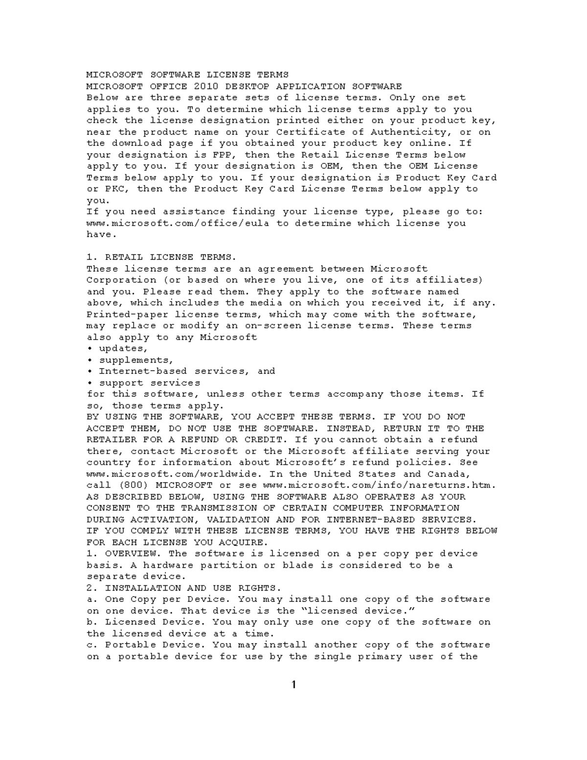 M - ;kj; - MICROSOFT SOFTWARE LICENSE TERMS MICROSOFT OFFICE 2010 ...