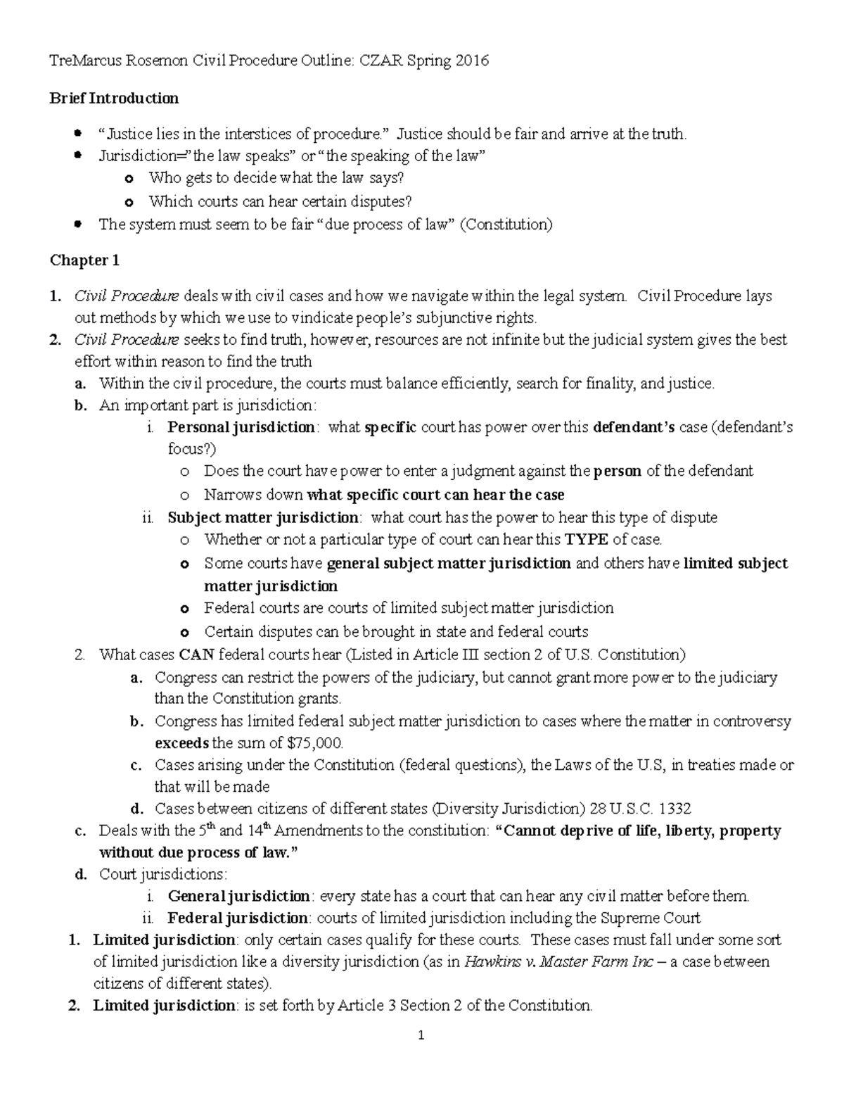 A+ Civil Procedure Outline Spring 2016-2 - TreMarcus Rosemon Civil ...