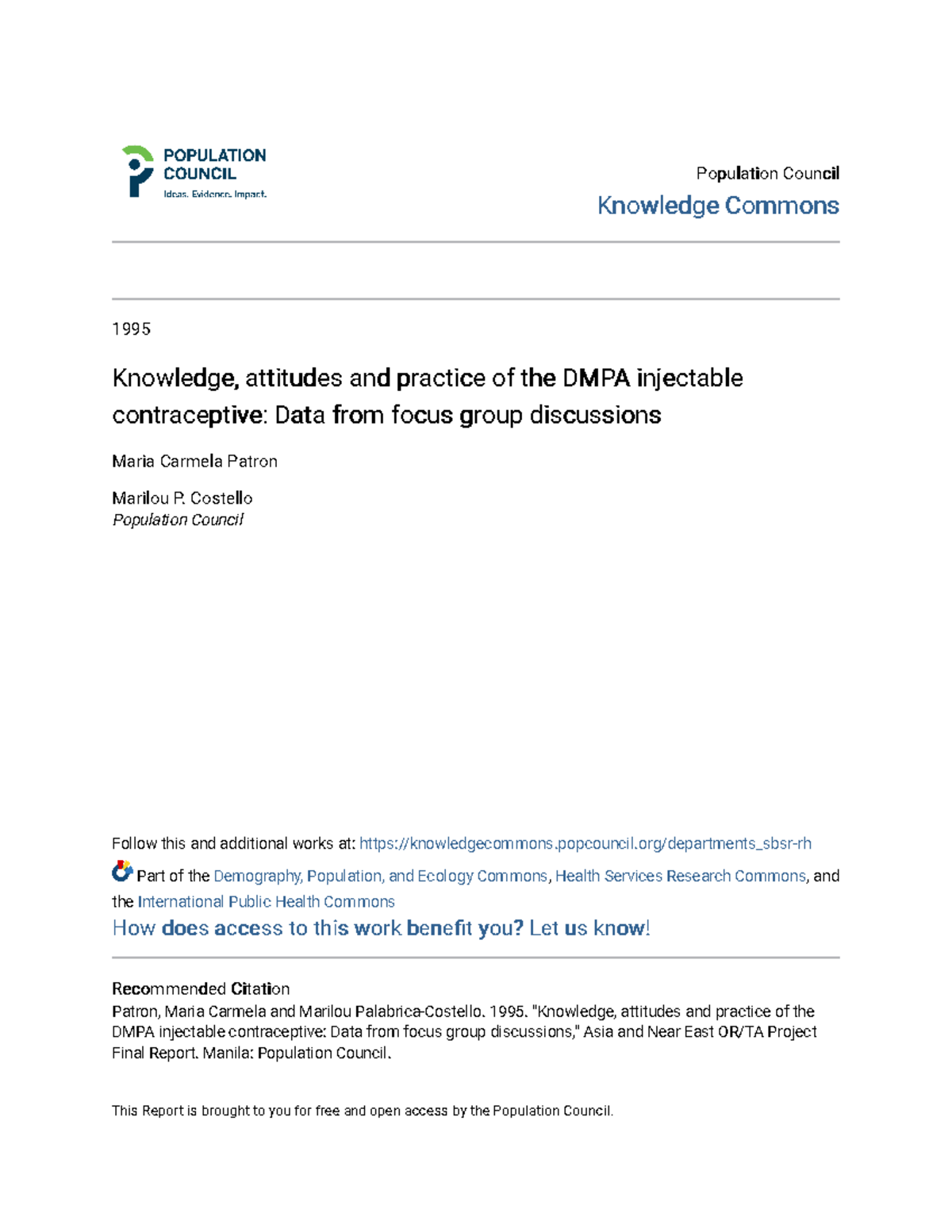 Knowledge attitudes and practice of the DMPA injectable contrace - Population CouncilPopulation ...