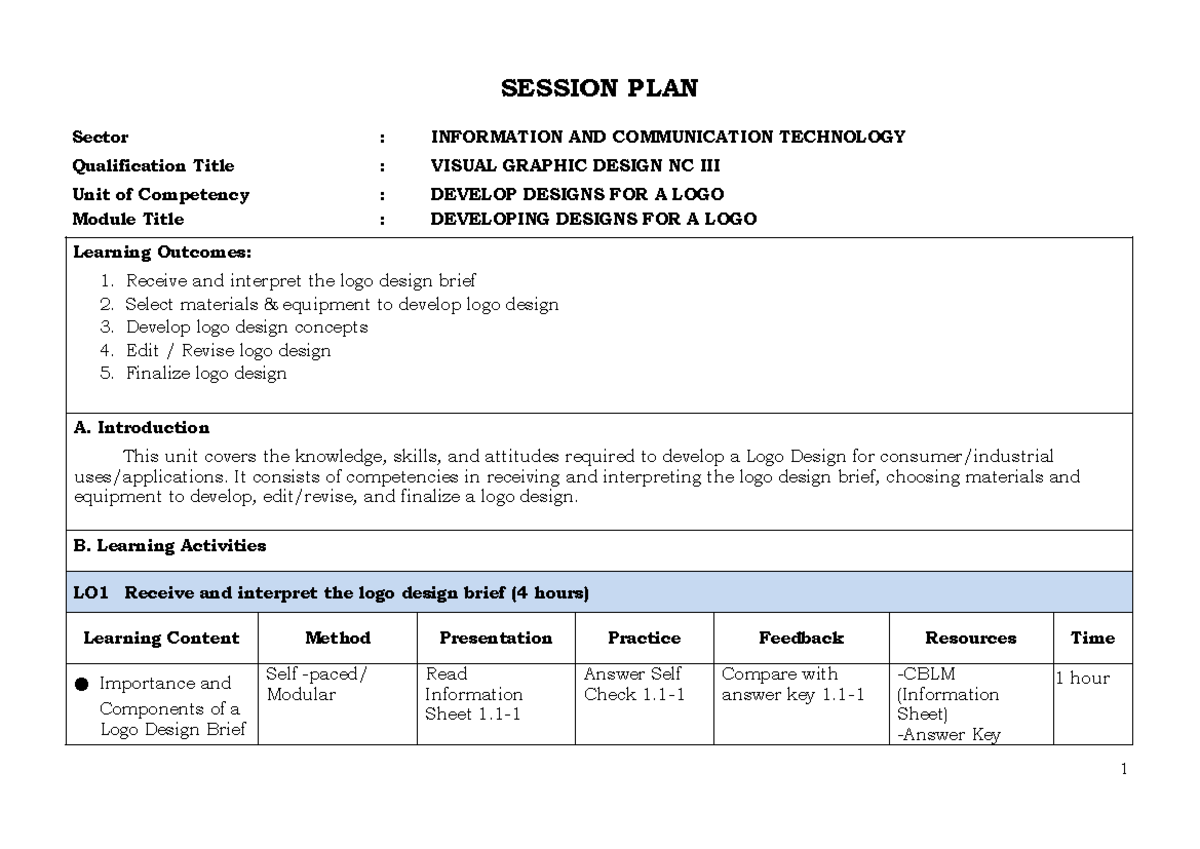 Session Plan VGD NC III 3nd Revision - SESSION PLAN Sector : INFORMATION AND COMMUNICATION - Studocu