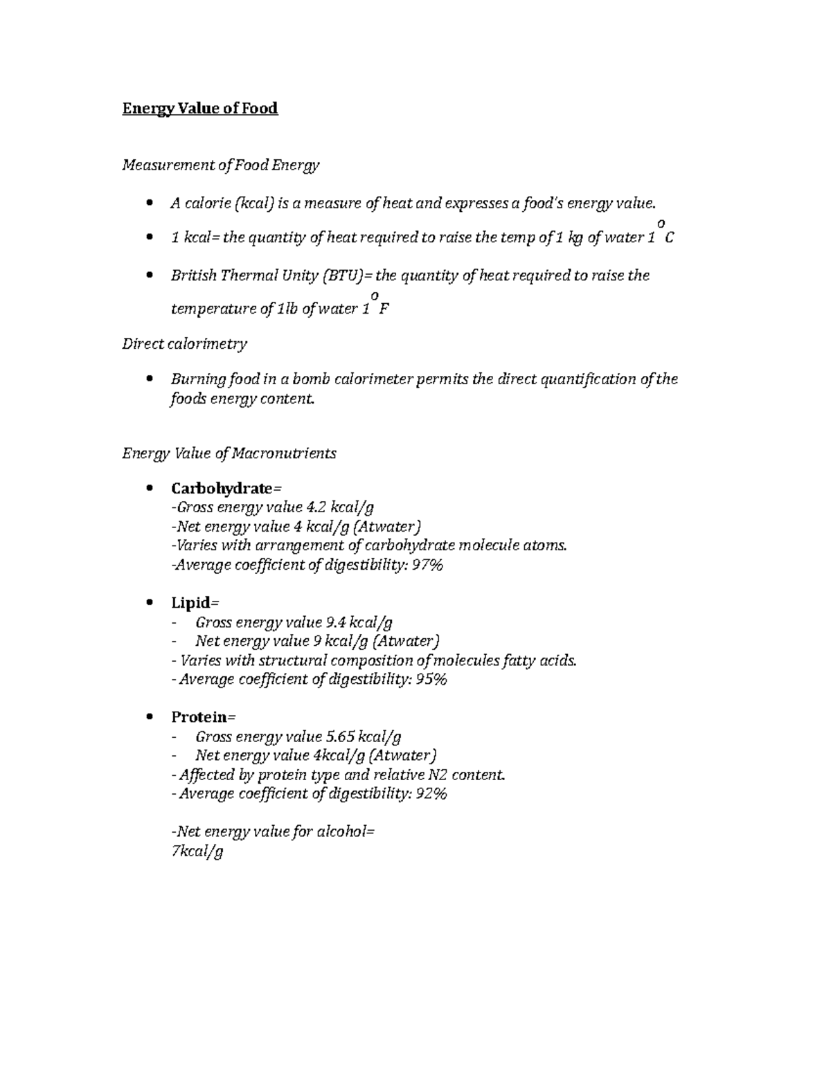 Ch.4 Energy Value of Food - Energy Value of Food Measurement of Food ...