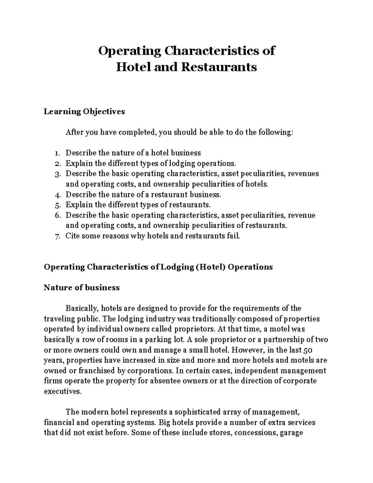 Operating characteristic of hotel and restaurant - Operating ...