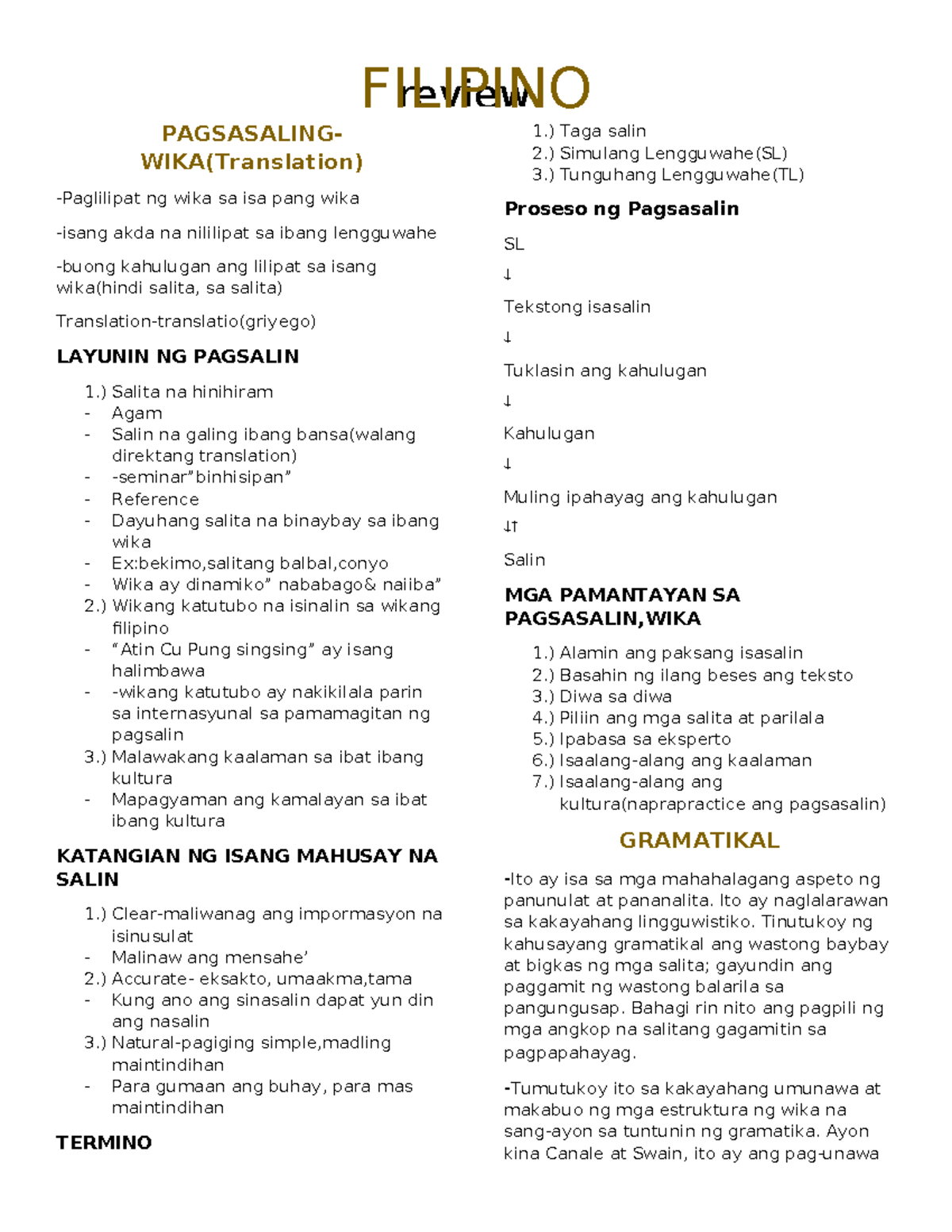 Filipino 3RD Grading Reviewer - PAGSASALING- WIKA(Translation) ####### -Paglilipat ng wika sa ...