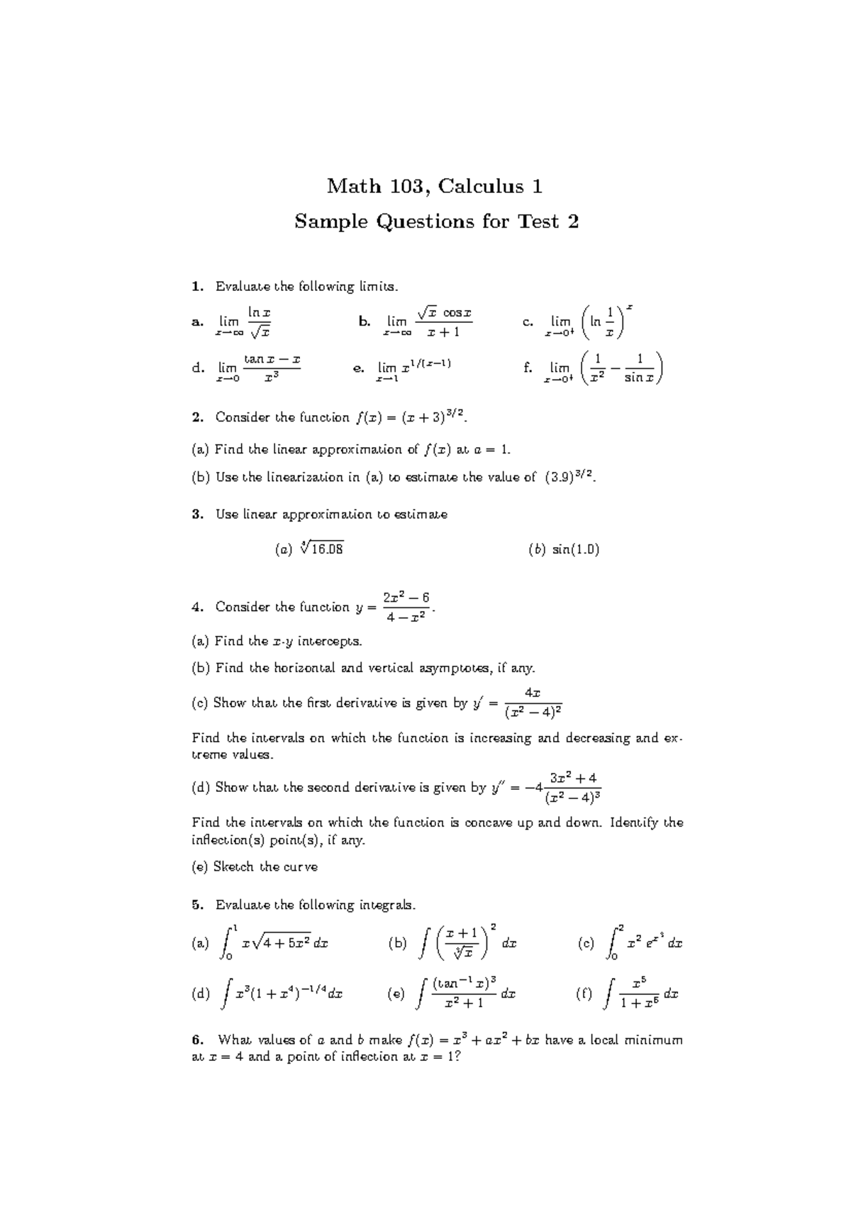 Test Review April 2017, questions and answers - Math 103, Calculus 1 ...