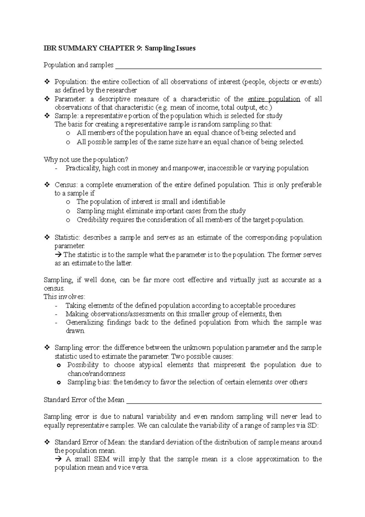 IBR Literature Summary Chapter 9 - IBR SUMMARY CHAPTER 9: Sampling Issues Population and samples ...