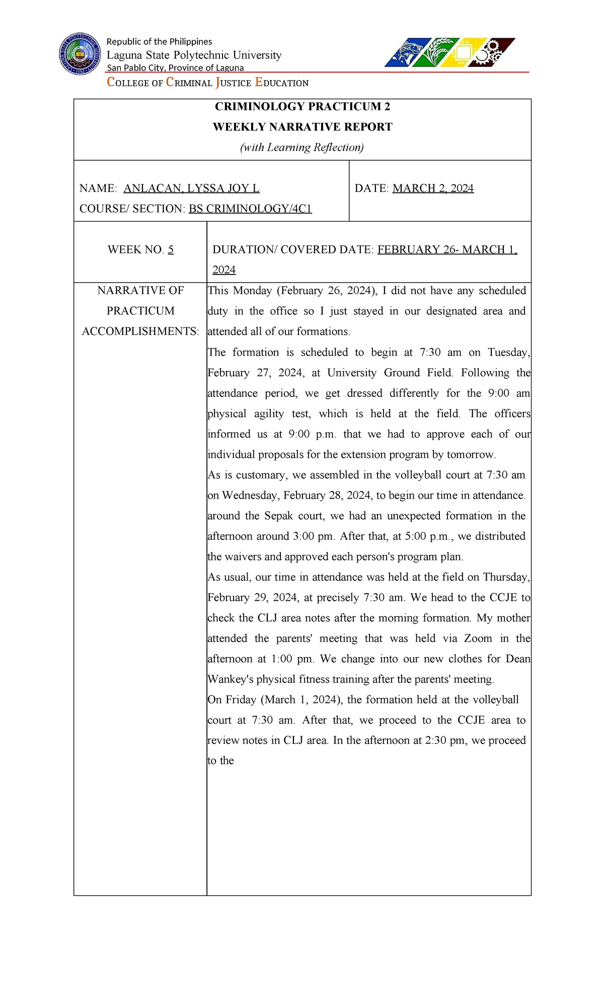 Anlacan WEEK 5 2ND SEM Narrative Report - Laguna State Polytechnic ...