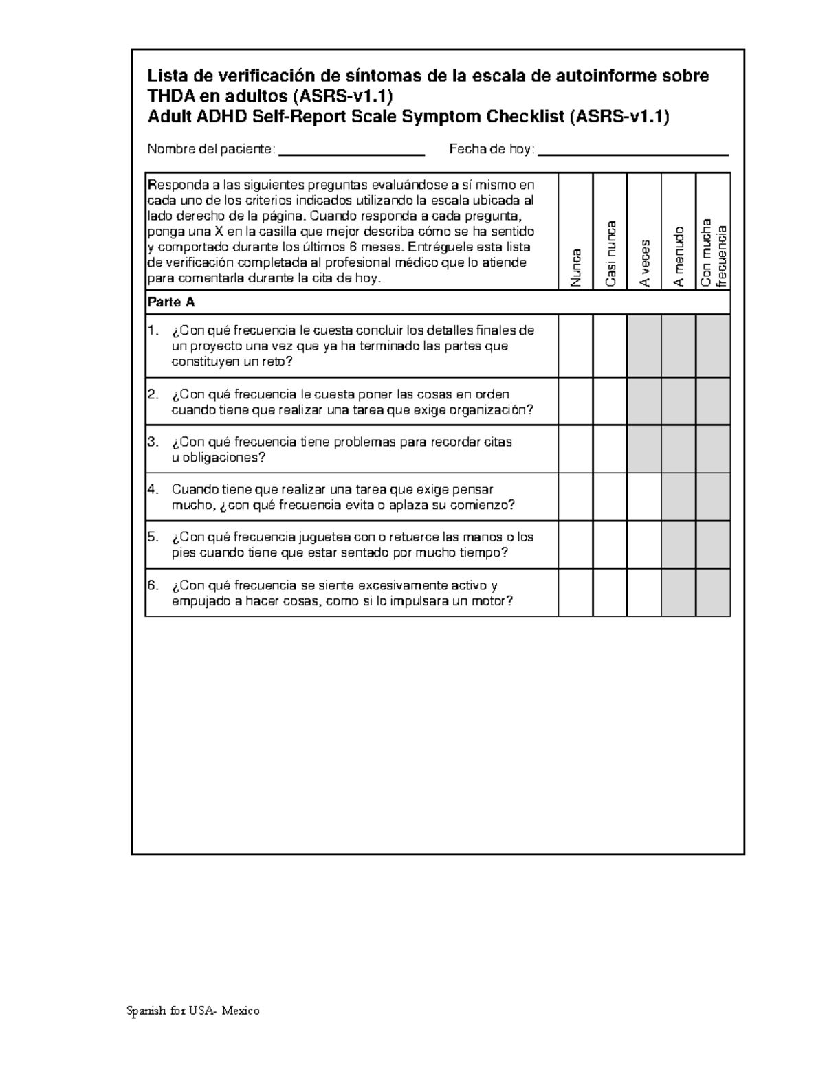 ADHD ASRS Evaluacion TDAH - Spanish for USA- Mexico Lista de ...