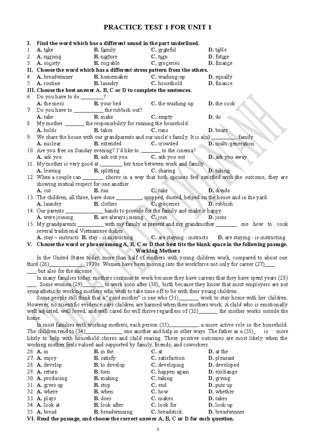 10 Practice-TEST-1-FOR-UNIT-1 STD - PRACTICE TEST 1 FOR UNIT 1 I. Find ...