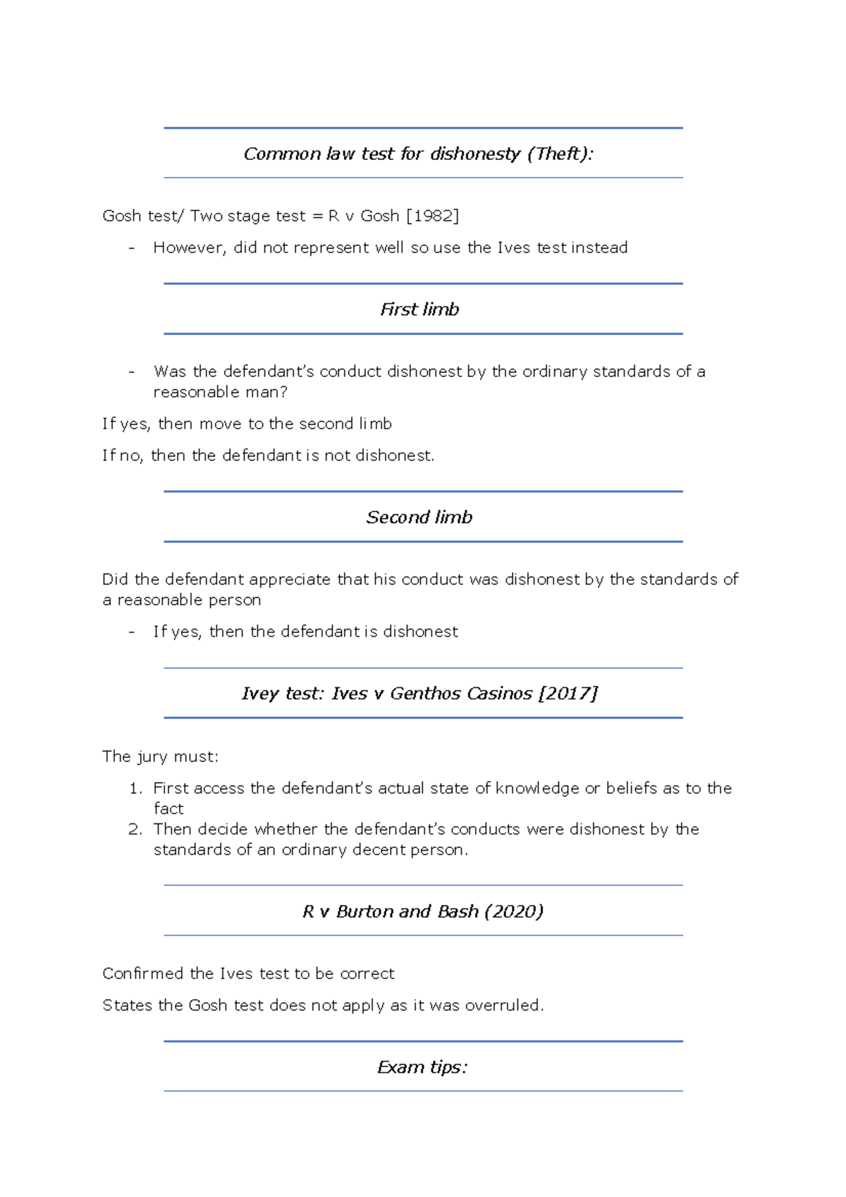 Common law test for dishonesty (Theft) - Applied Criminal - Common law ...