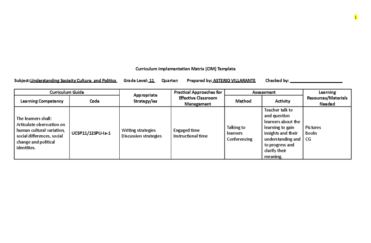 Final exam 16 March, questions and answers - 1 Curriculum Implementation Matrix (CIM) Template ...