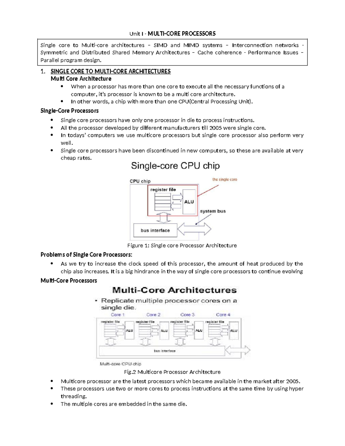 Unit I Multicore Architecture Unit I Multi Core Processors Single
