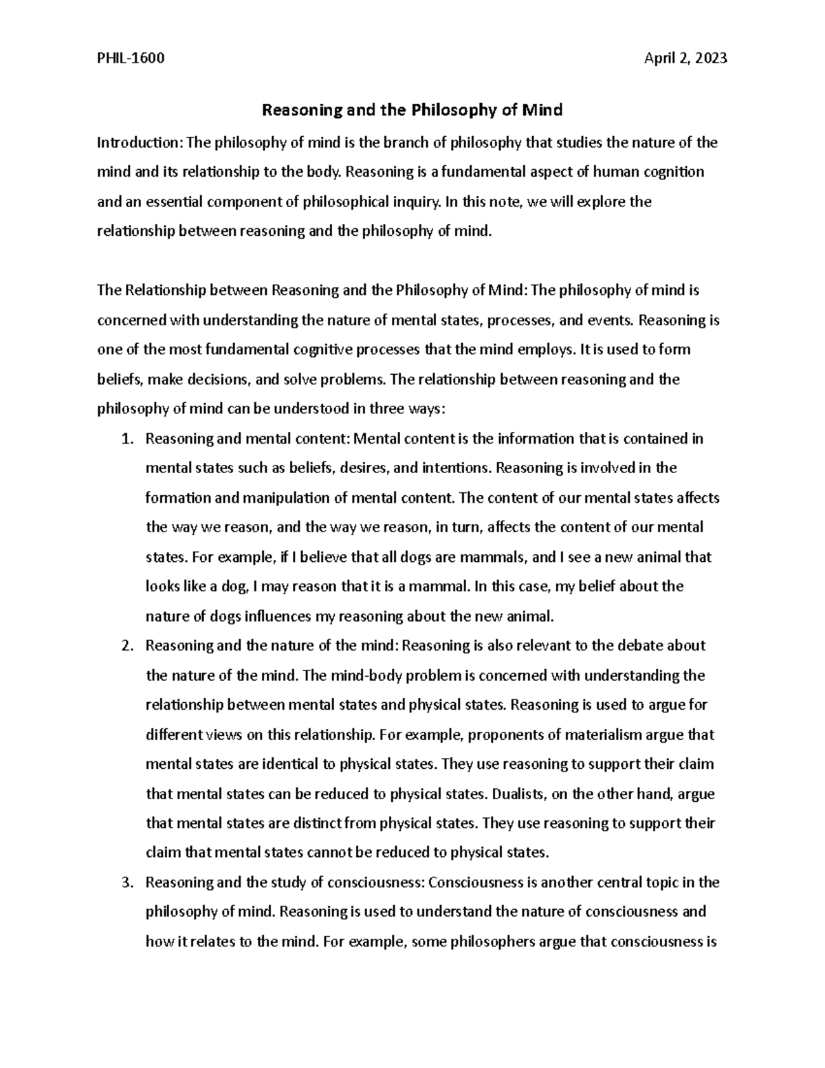 Reasoning and the philosophy of mind - PHIL-1600 April 2, 2023 ...