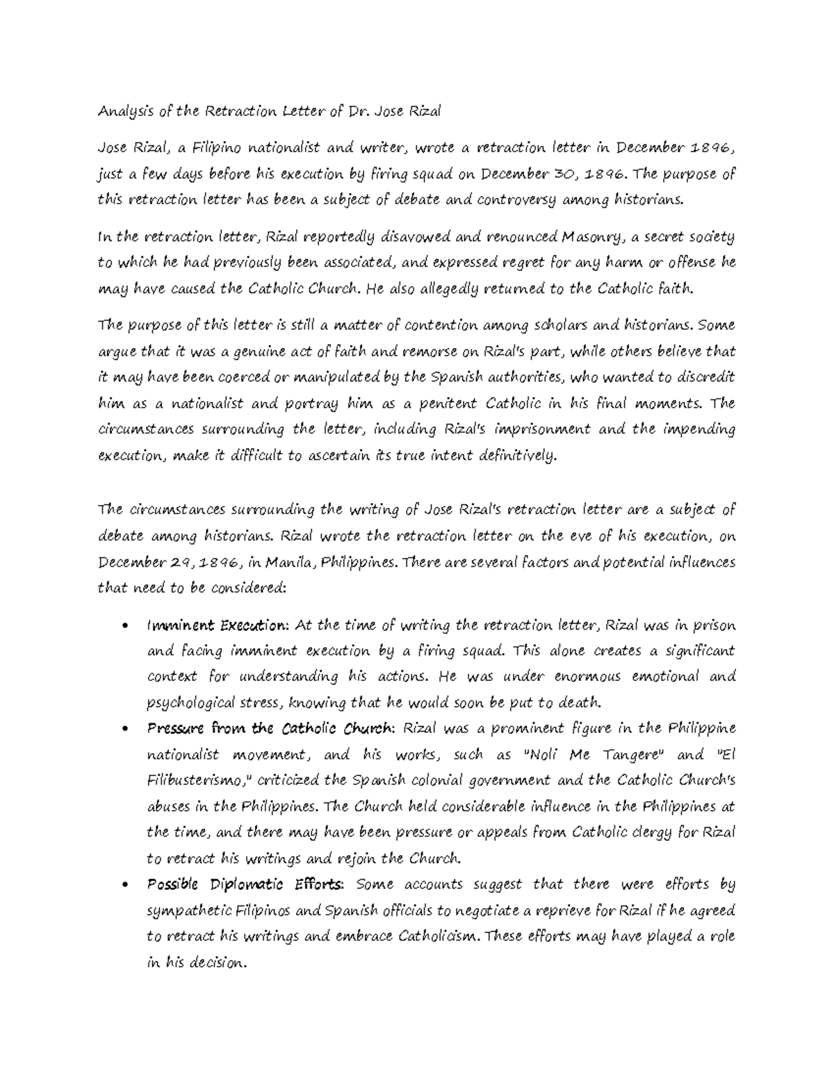 Retraction letter of Jose Rizal - Analysis of the Retraction Letter of ...