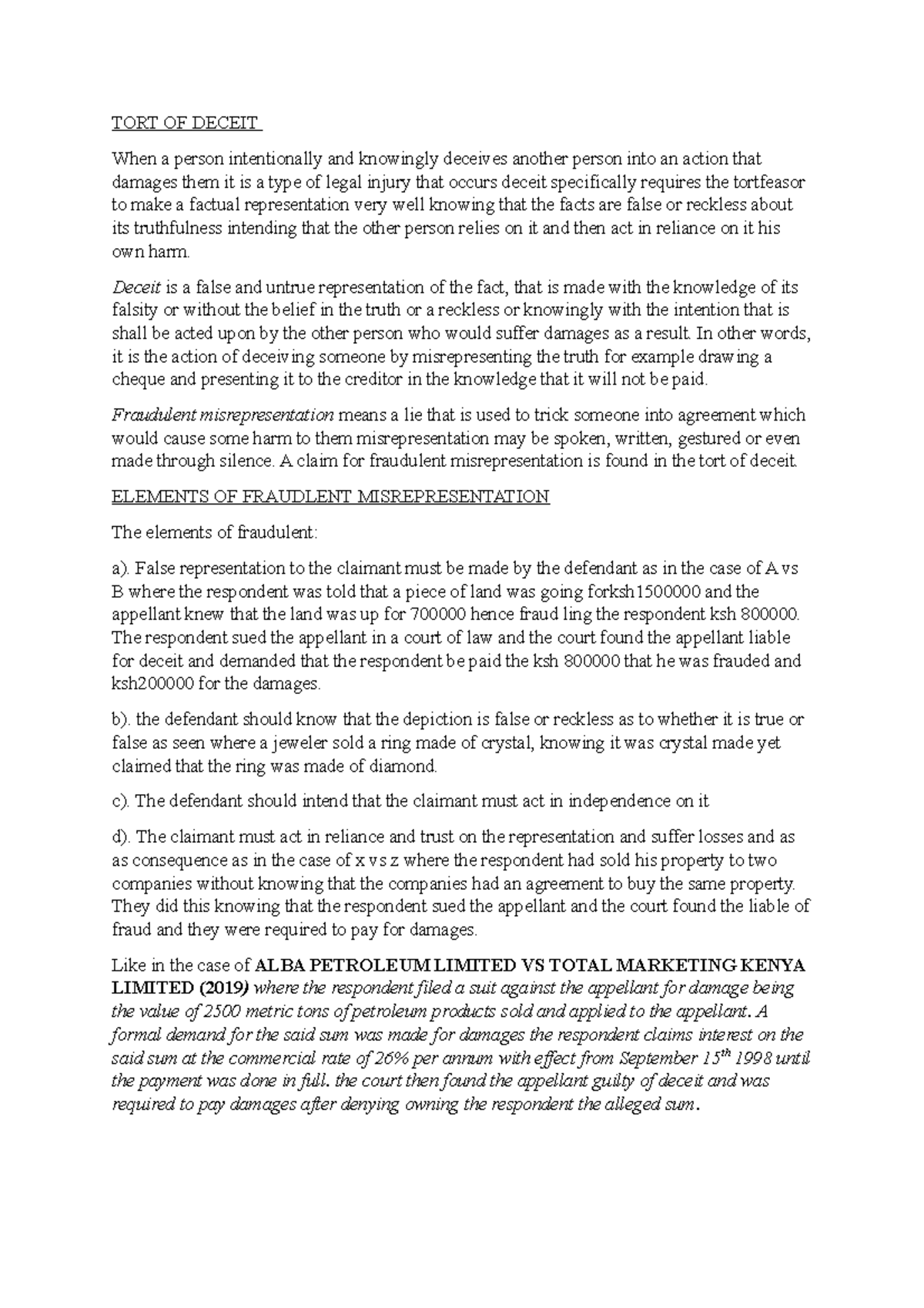 TORT OF Deceit - just torts - TORT OF DECEIT When a person ...