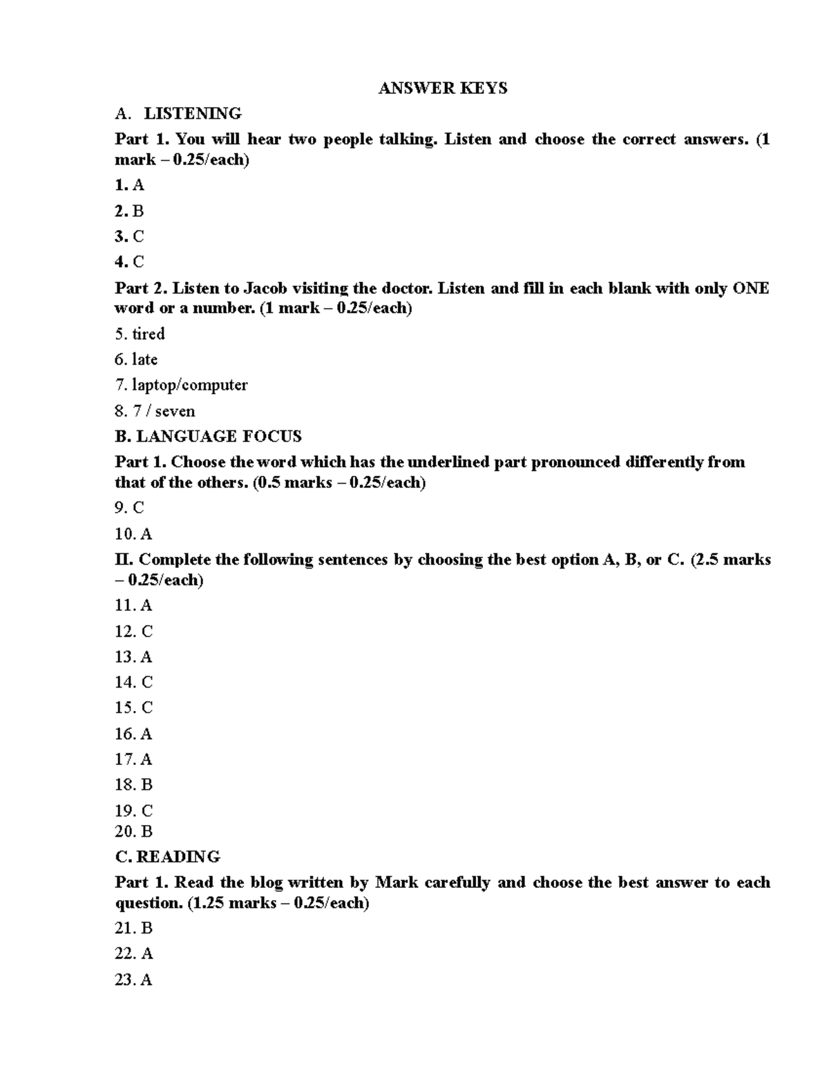 Dap an anh 7 giua ki 1 - abcdefgh - ANSWER KEYS A. LISTENING Part 1 ...
