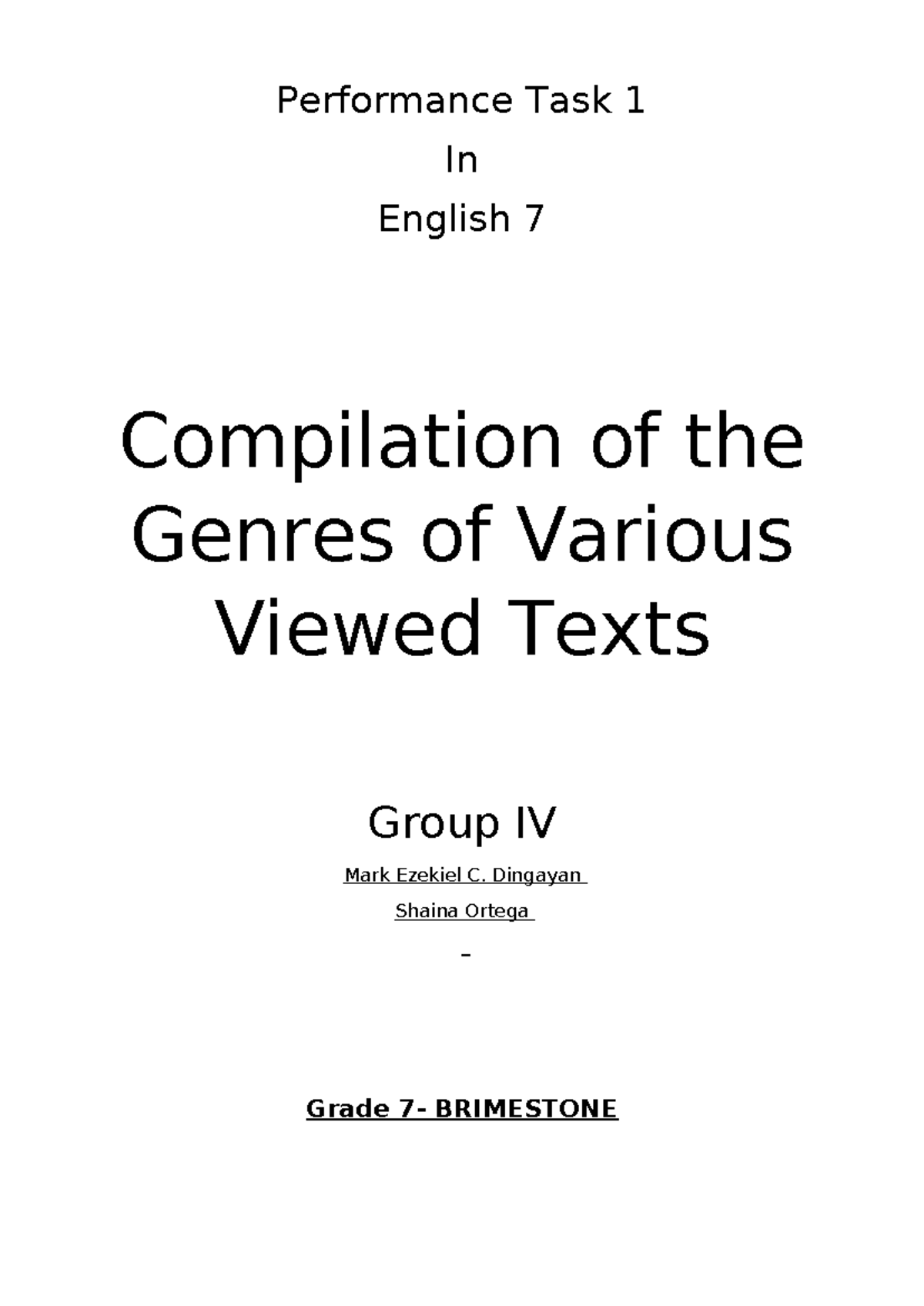 English task - Summary - Performance Task 1 In English 7 Compilation of ...