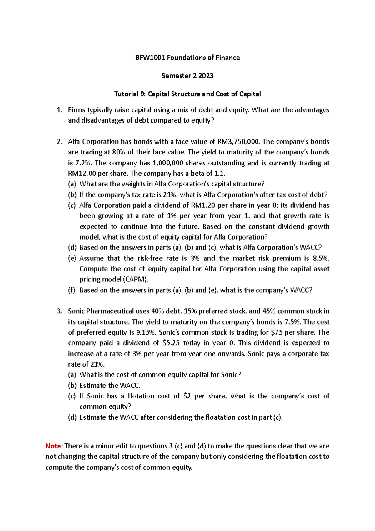 BFW1001 Tutorial 9 Questions - BFW1001 Foundations of Finance Semester ...
