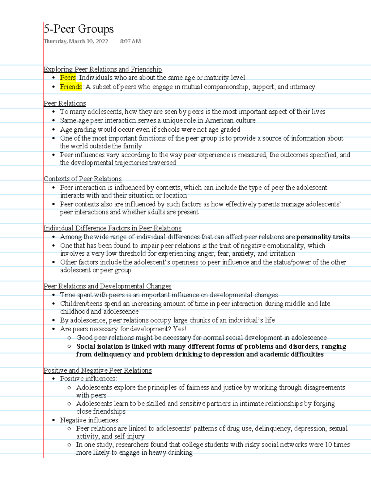 PSYCH 215-Adolescence Psychology Chapter 5 - Exploring Peer Relations ...