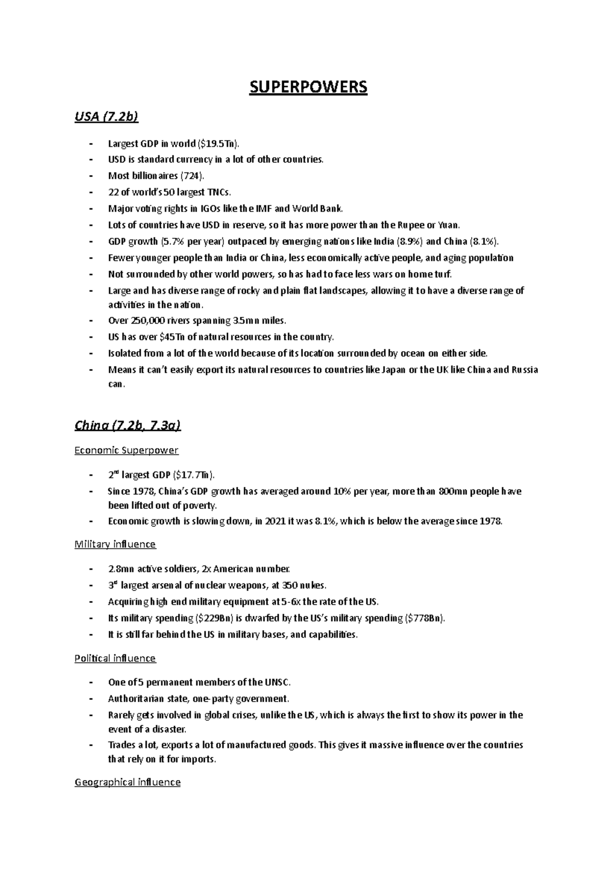 Superpowers - case studies edexcel - SUPERPOWERS USA (7) - Largest GDP in world ($19). - USD is ...