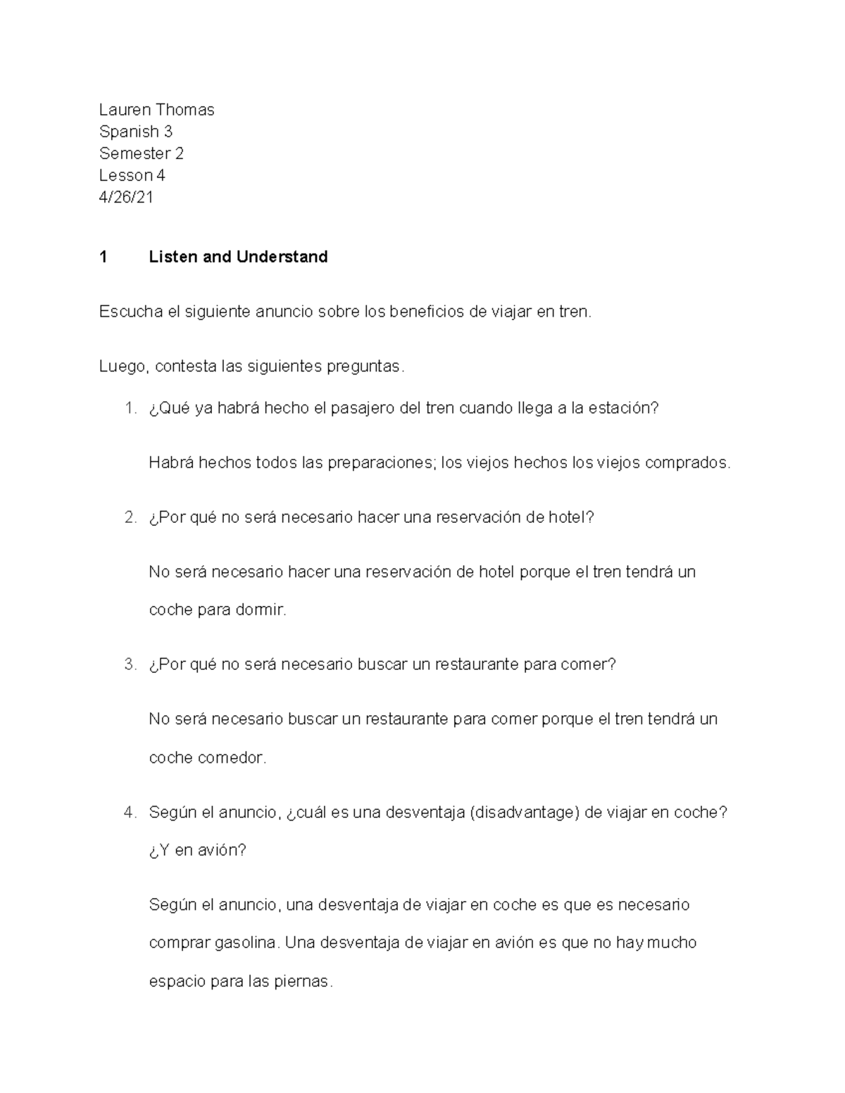Lauren Thomas, Spanish 3, Semester 2, Lesson 4 - Lauren Thomas Spanish ...