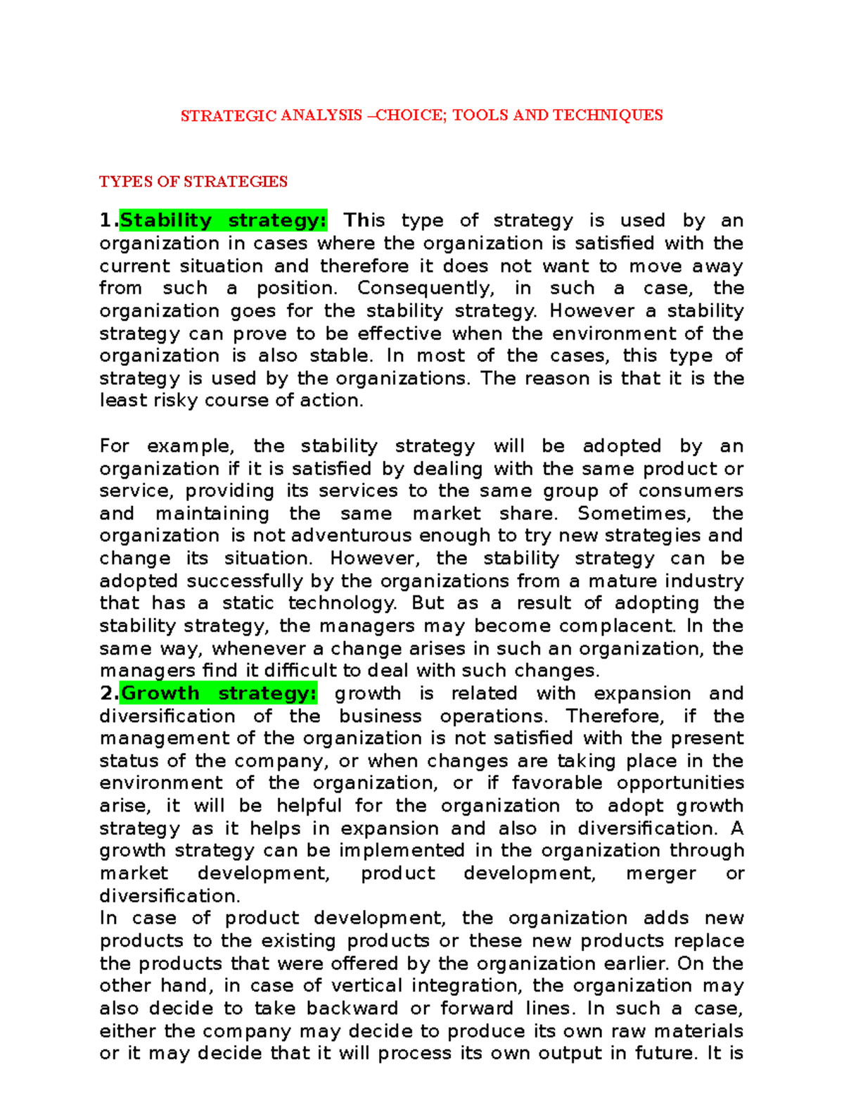 BUSS 420 Extra- Reading FOR Topic 4 - STRATEGIC ANALYSIS –CHOICE; TOOLS ...
