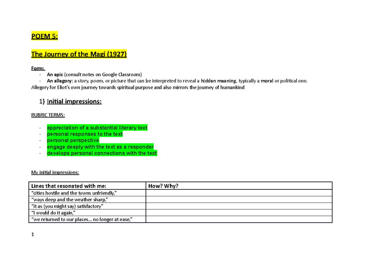 Magi - ts eliot - POEM 5: The Journey of the Magi (1927) Form: - An ...