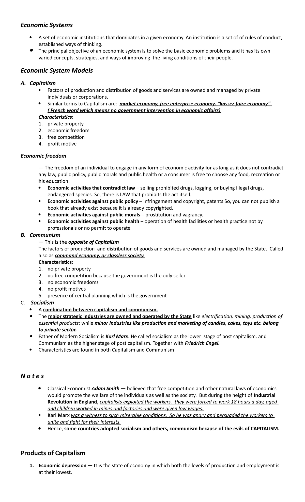 Economic - Notes - Economic Systems A set of economic institutions that ...