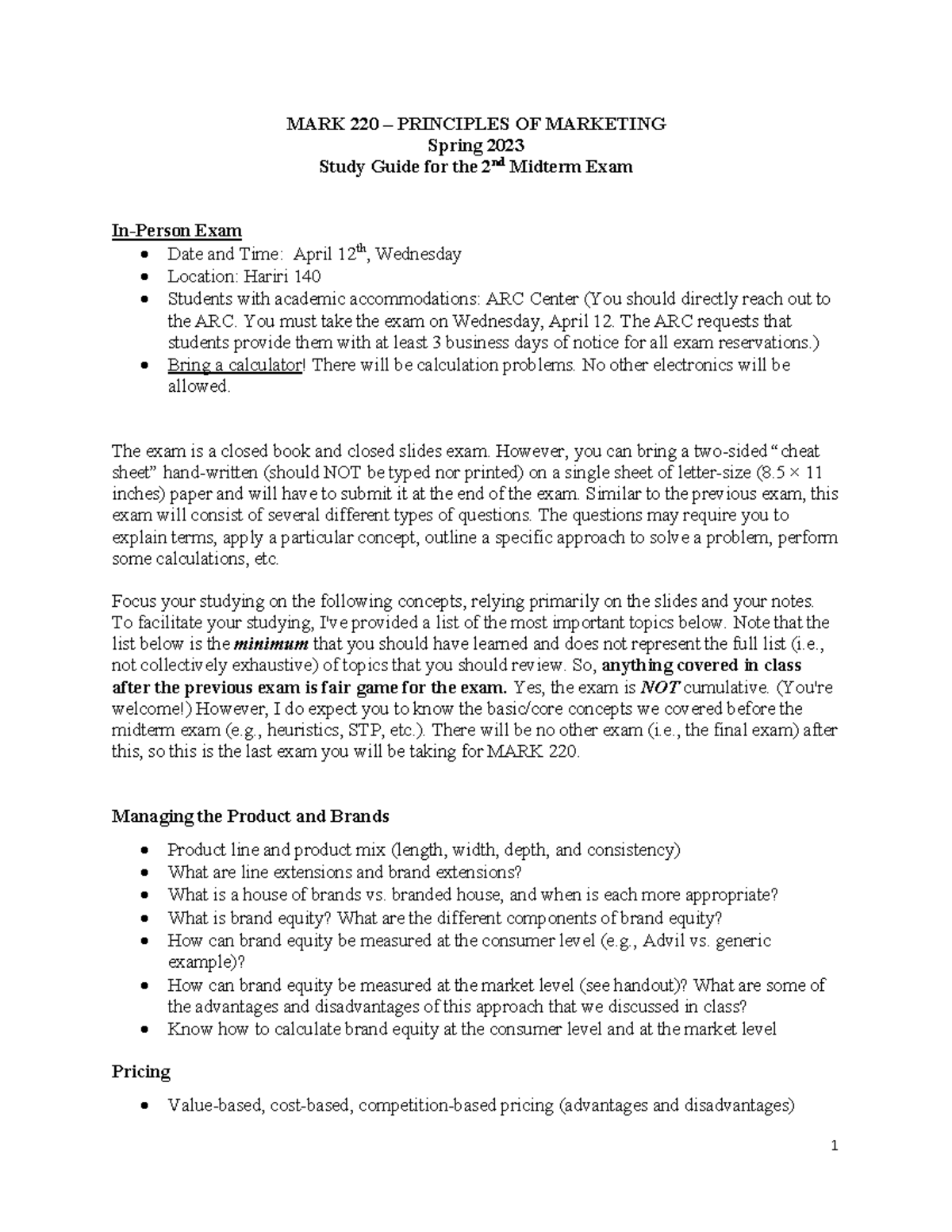 Study Guide - Midterm Exam 2 - MARK 220 Spring 2023 - 1 MARK 220 – PRINCIPLES OF MARKETING ...