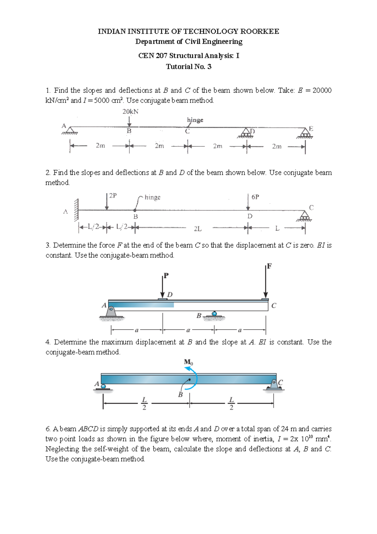 Tut-3 -CEN 207-1 - Tutorial sheet of structural analysis - INDIAN INSTITUTE OF TECHNOLOGY ...