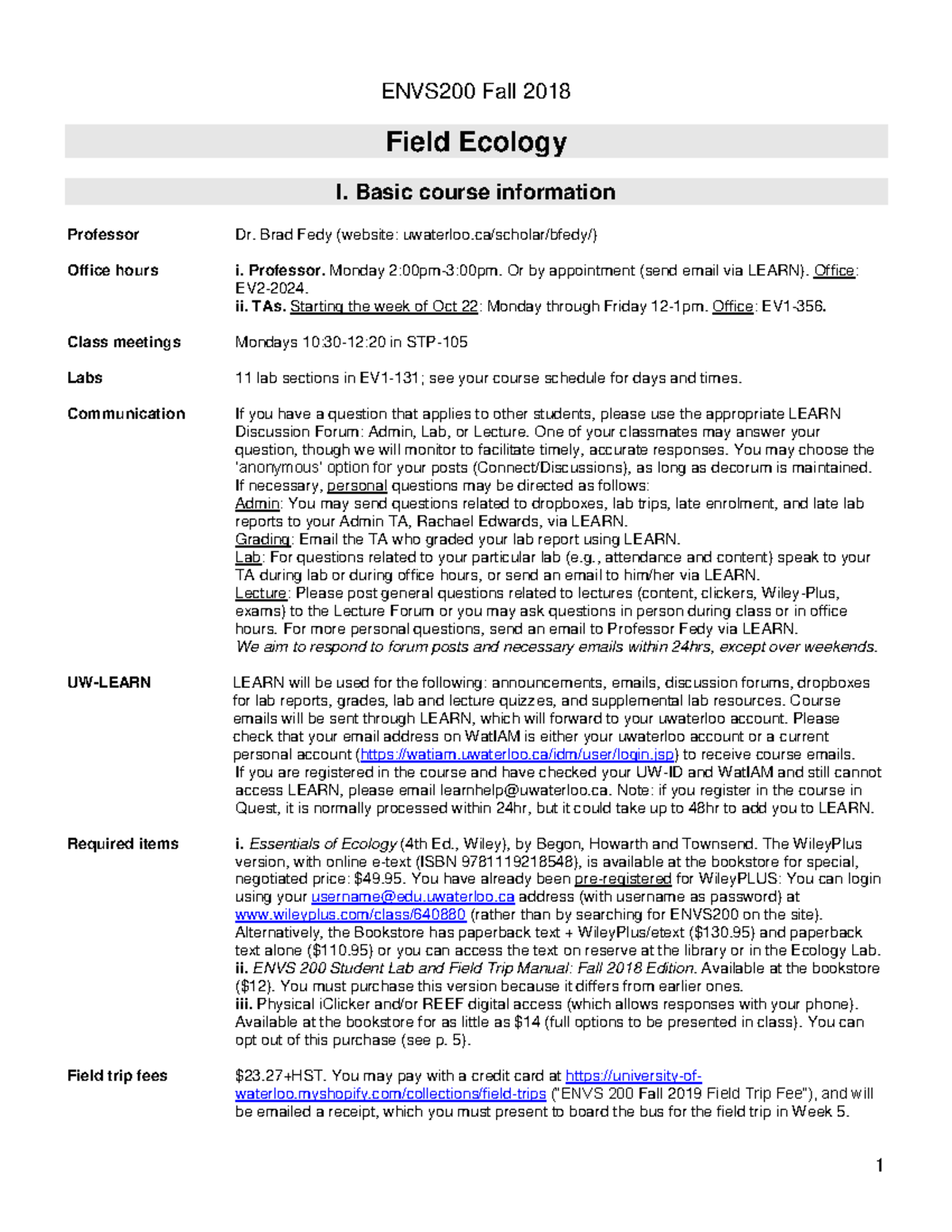 ENVS200Syllabus F2018 - ENVS200 Fall 2018 Field Ecology I. Basic course ...