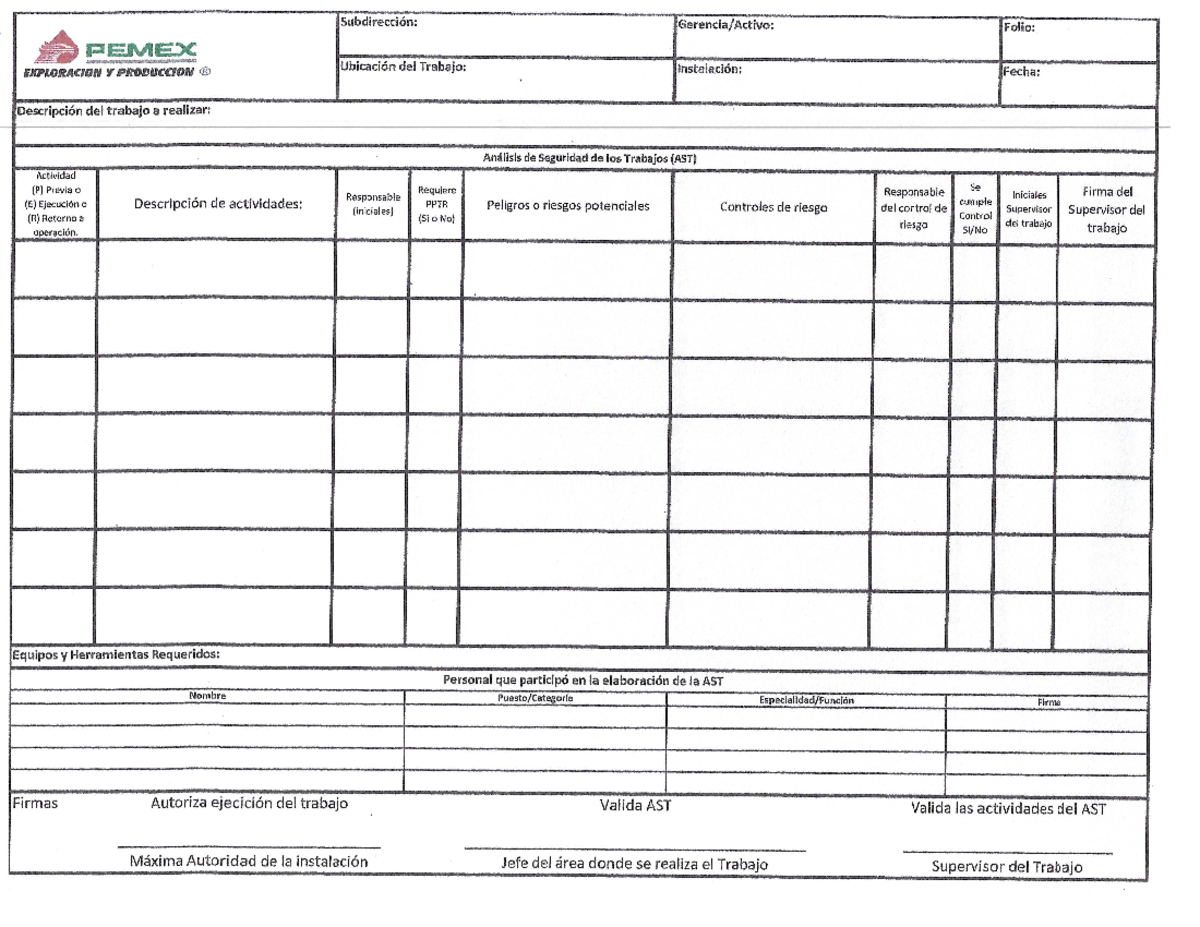 556842433-Formato-AST- Pemex - Subdirección: Folio: PEMEX EXPLORACION Y PRODUCCION R Ubicación ...