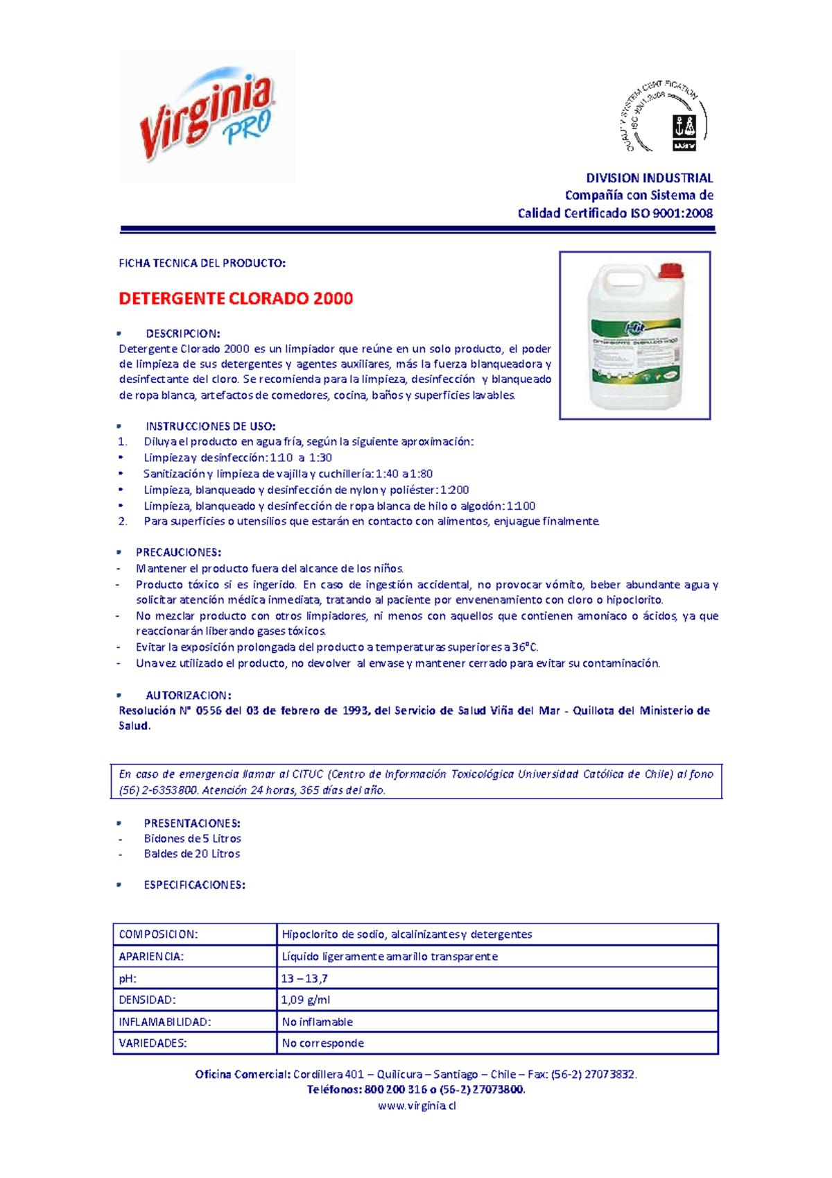Ficha Técnica Producto Virginia PRO Desinfectante Clorado - DIVISION INDUSTRIAL Compañía con ...
