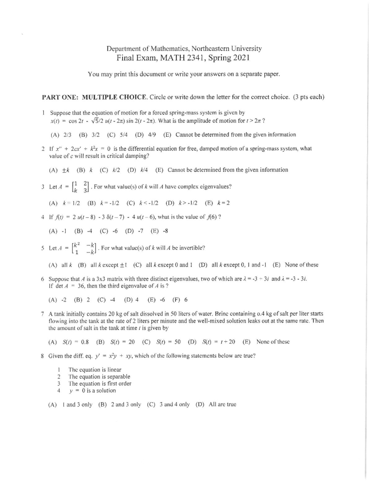 Math2341SP21Final - Practice final - MATH 2341 - Studocu