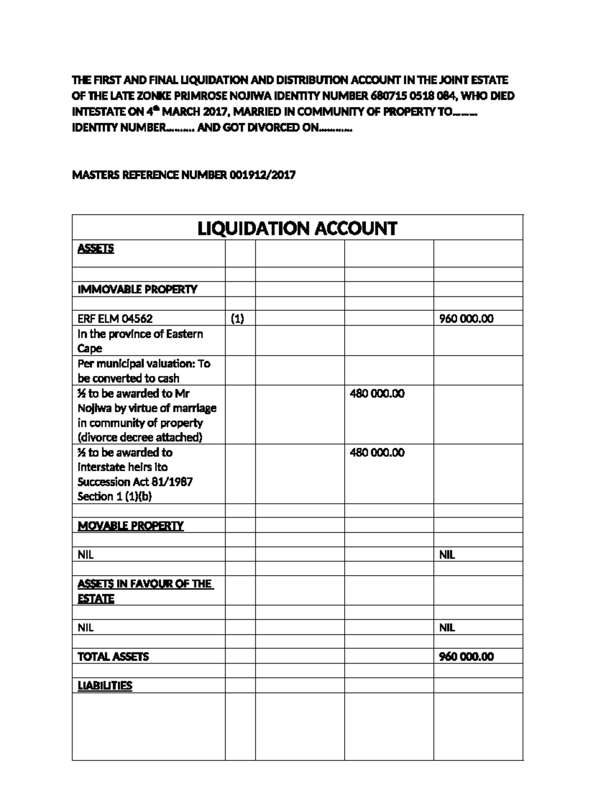 L and D acc - L and D account - THE FIRST AND FINAL LIQUIDATION AND ...