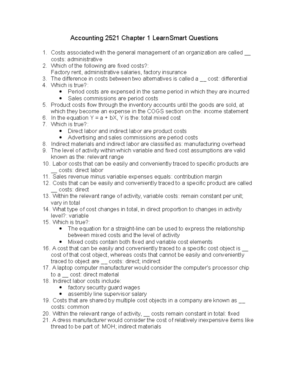 Acct 2521 chap 1 learnsmart - Accounting 2521 Chapter 1 LearnSmart Questions 1. Costs associated ...