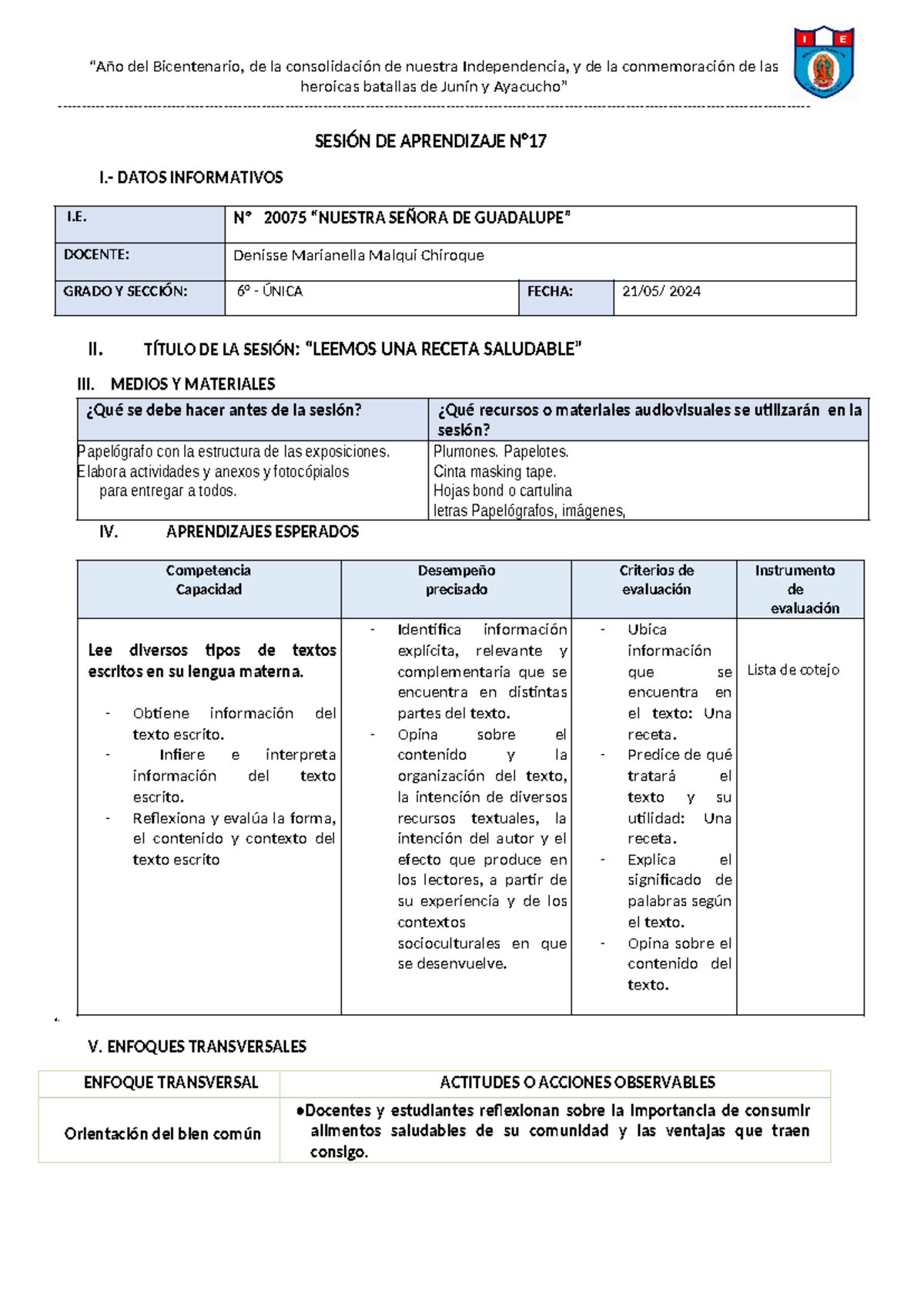Sesión DE Aprendizaje 21 DE MAYO - Leemos UNA Receta - heroicas batallas de Junín y Ayacucho ...