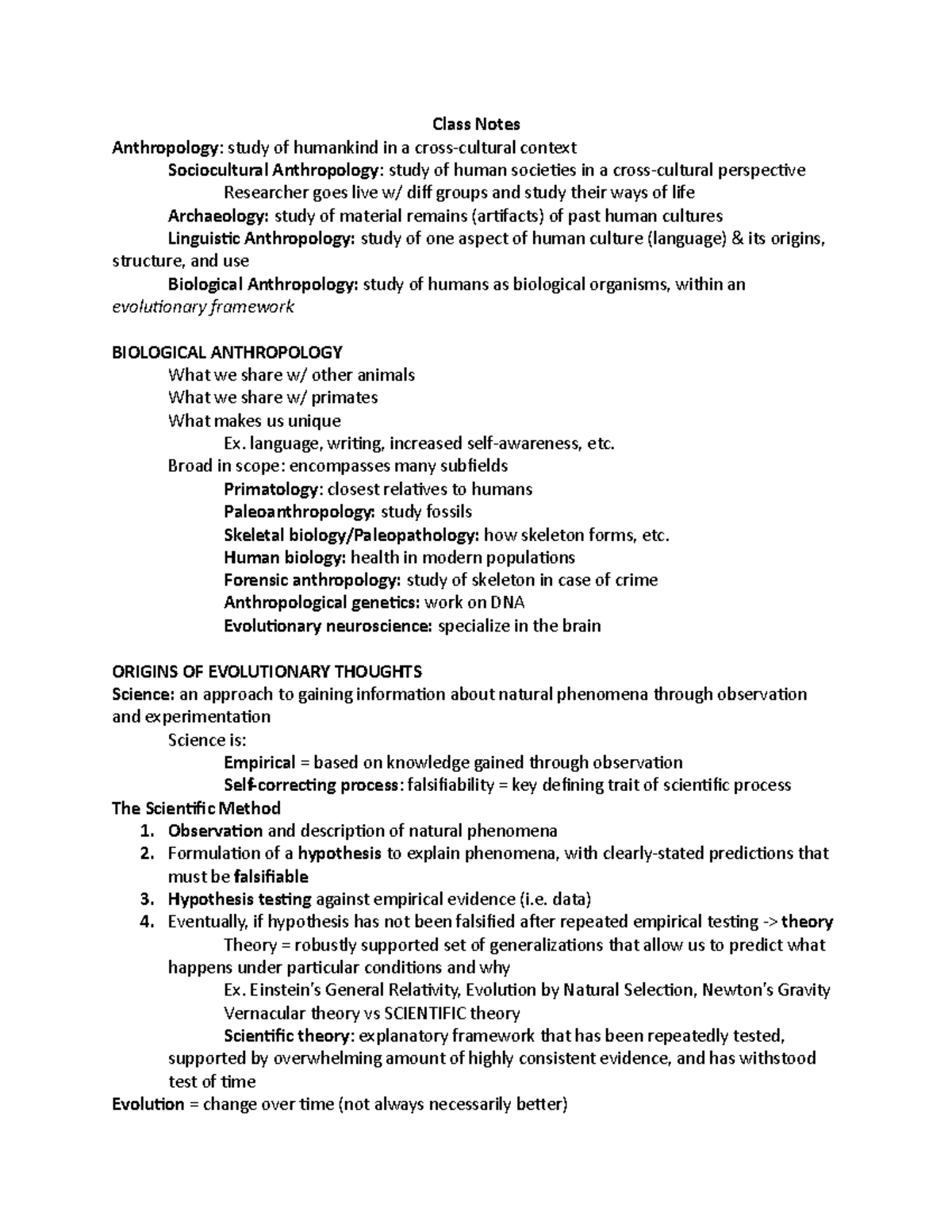 Bio Anth Class Notes 1/3 - Class Notes Anthropology: study of humankind ...