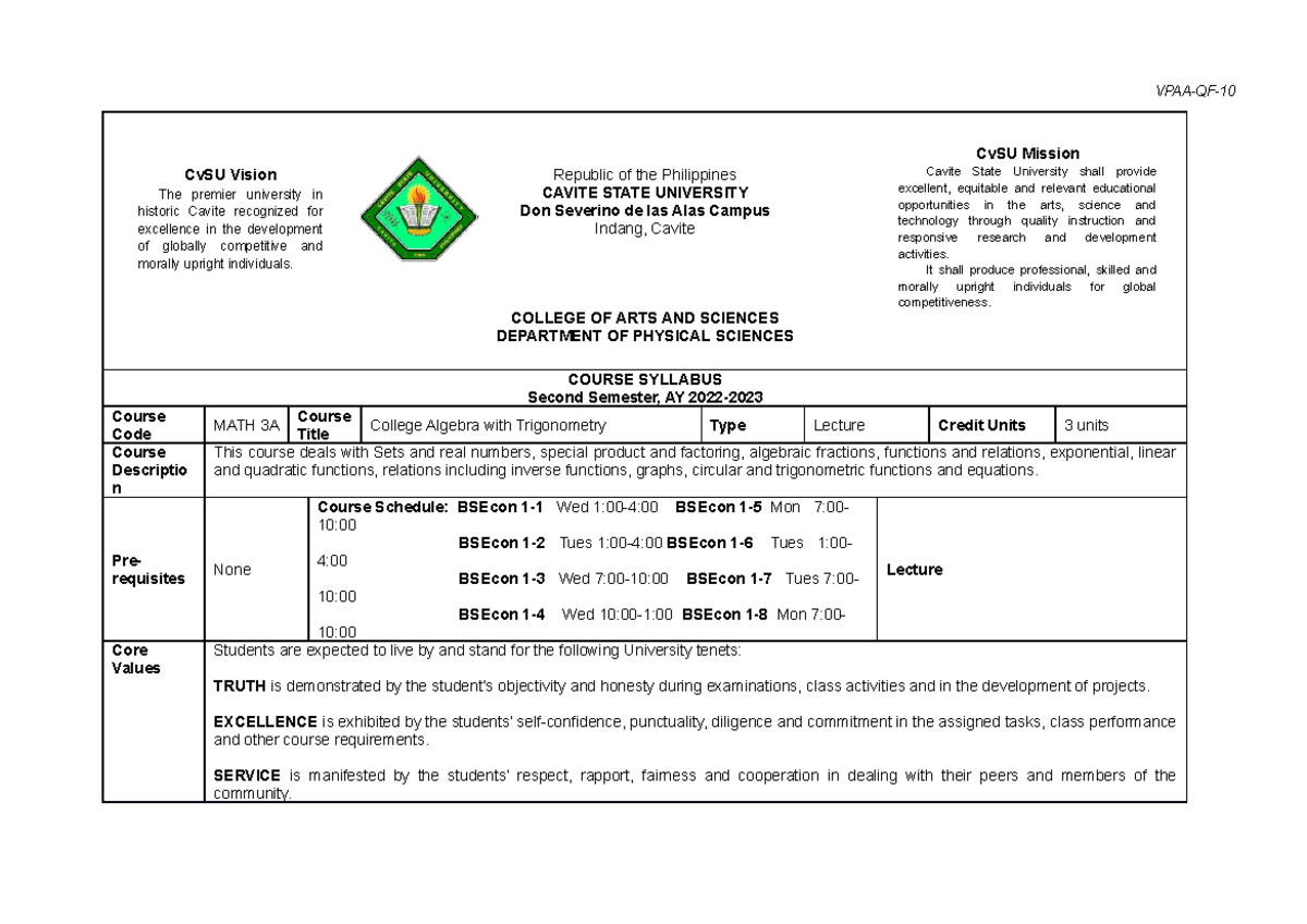 BSEcon Syllabus MATH 3A - Republic of the Philippines CAVITE STATE ...