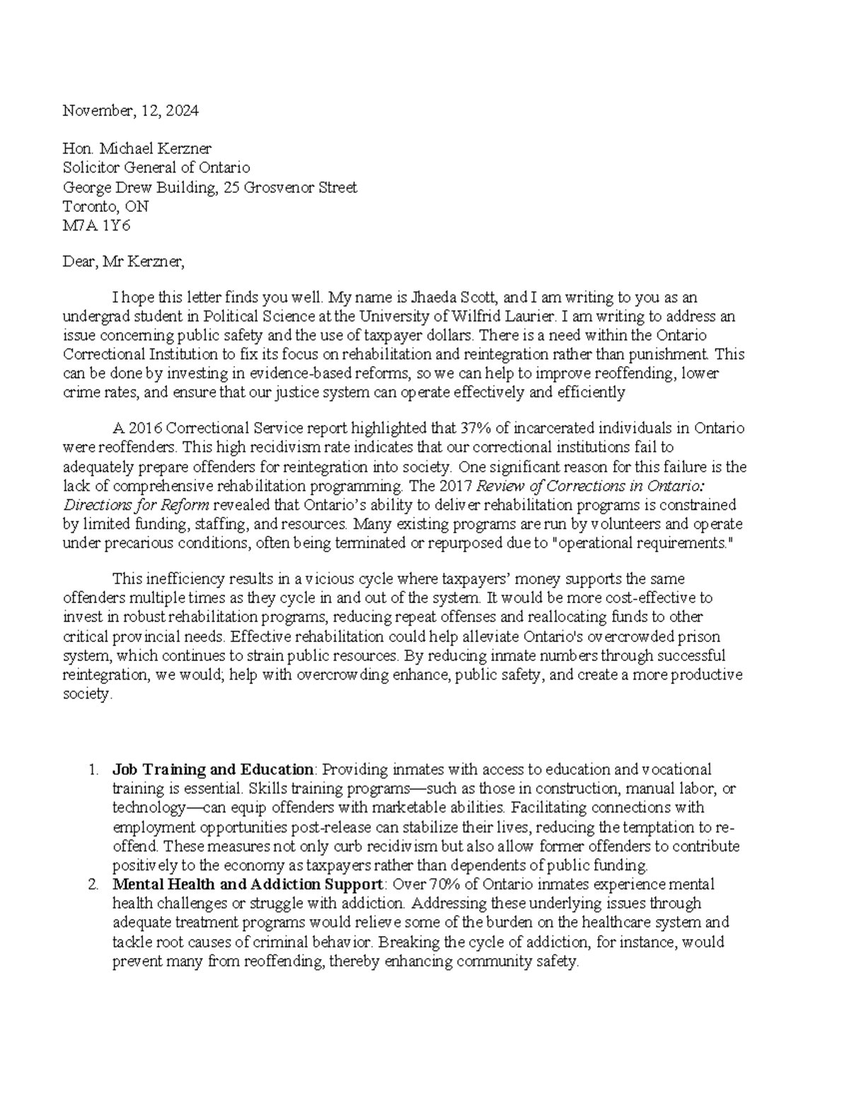 Prison Reform letter - November, 12, 2024 Hon. Michael Kerzner ...