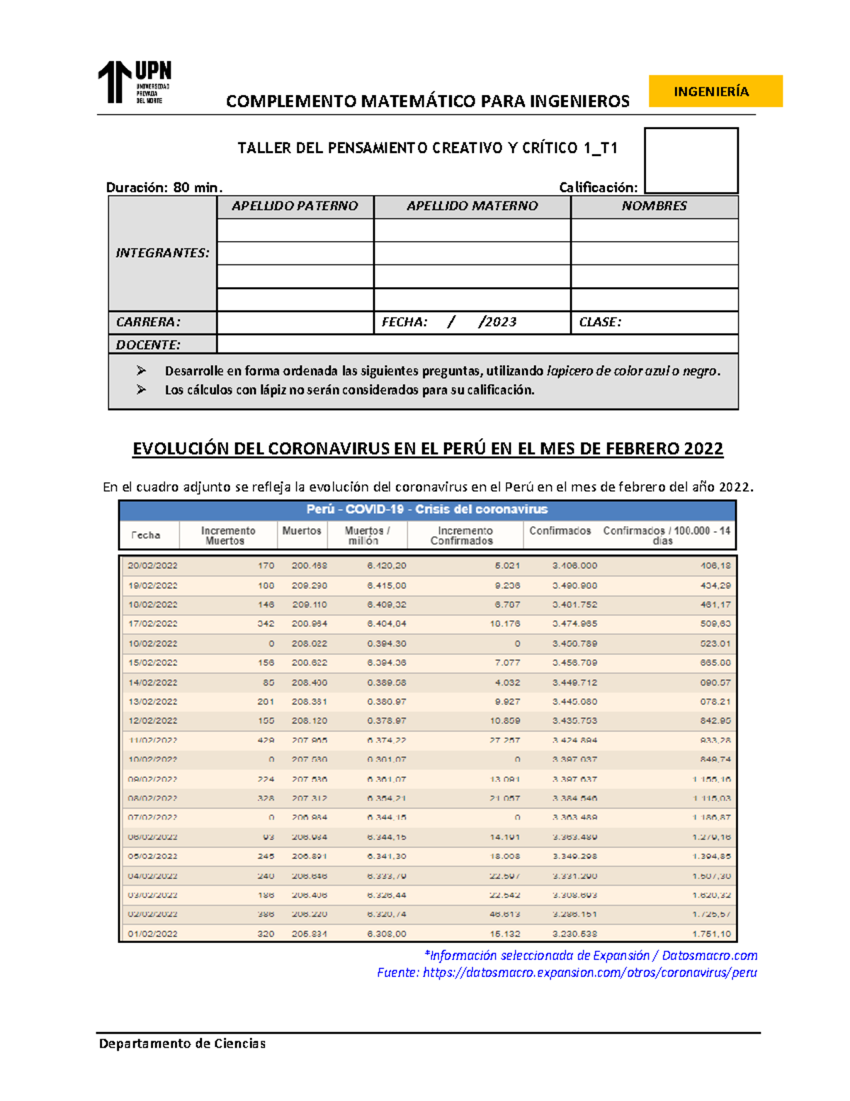 Taller DE Competencias - TPCC1 T1 - COMPLEMENTO MATEMÁTICO PARA INGENIEROS TALLER DEL ...