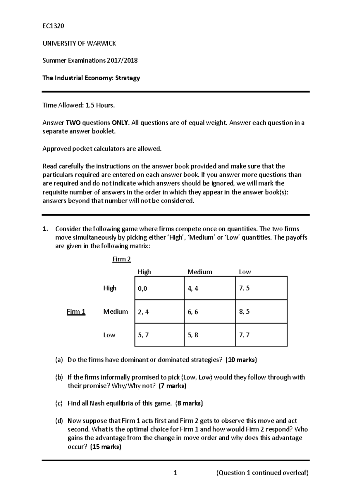 EC132 The Industrial Economy: Strategy - Practice Paper 2018 - EC 1 ...