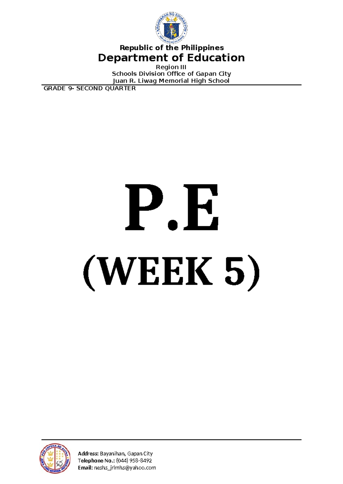Q2-pe-week5 - PE WEEK 5 MODULE - Department of Education Region III Schools Division Office of ...