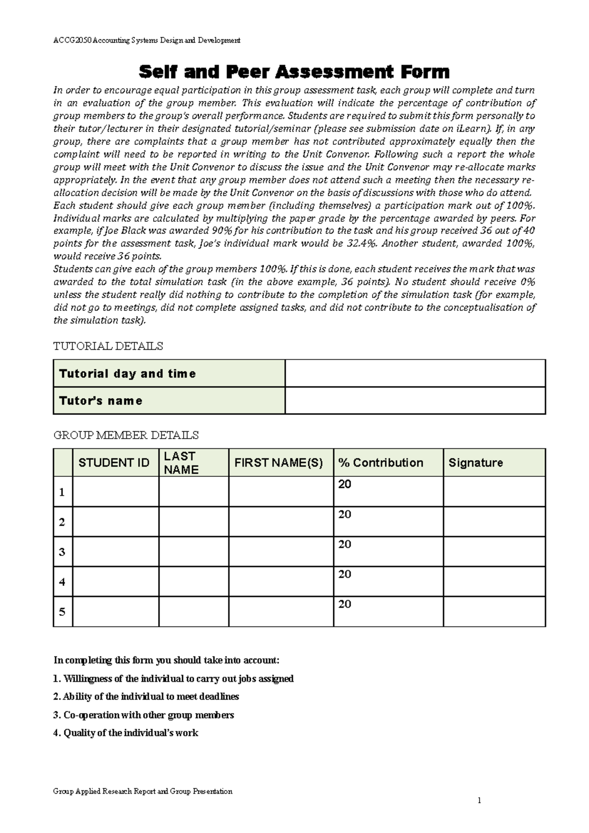 Self and Peer Assessment Form - ACCG2050 Accounting Systems Design and ...