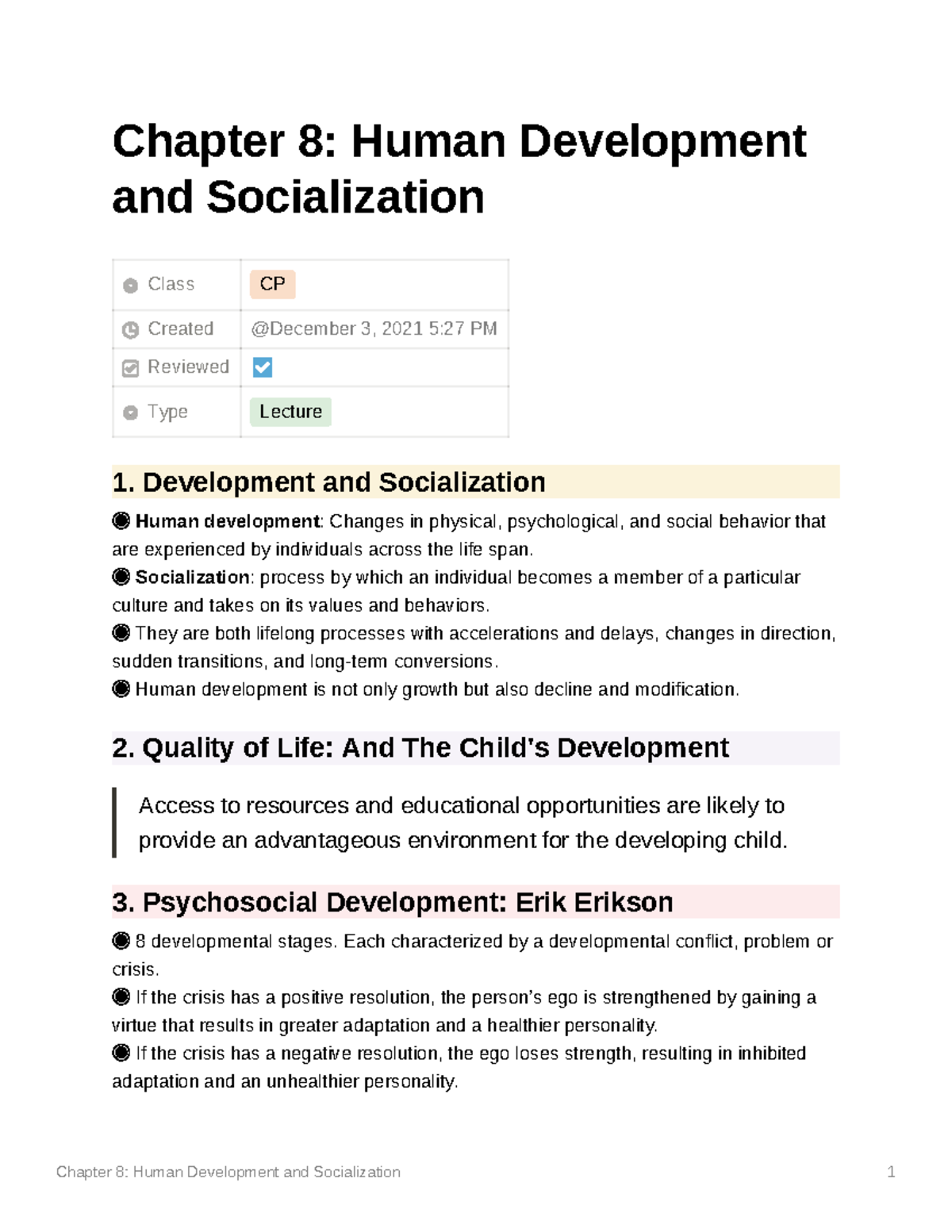 Chapter 8 Human Development and Socialization - Development and ...