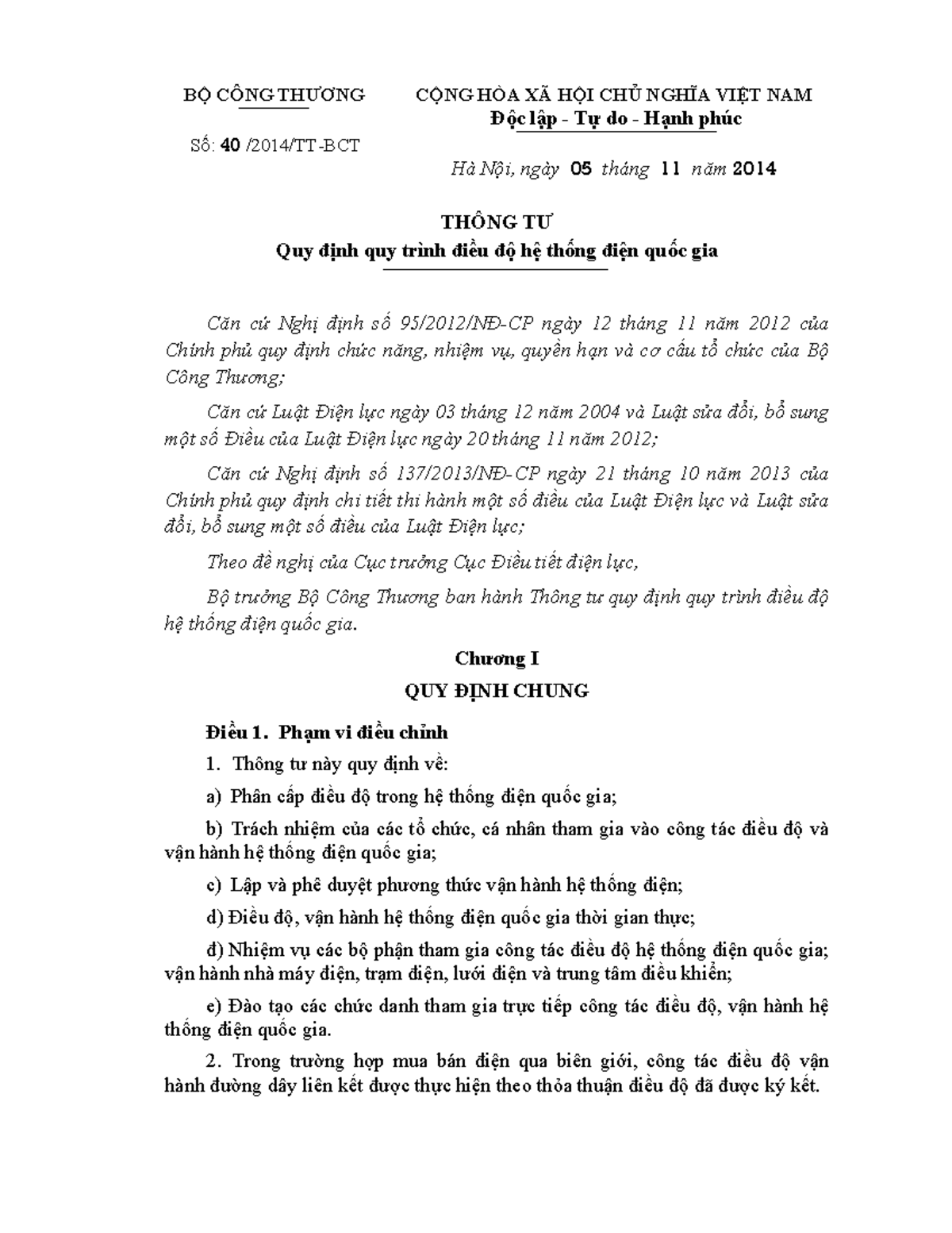 TT 40 2014 TT BCT - điều độ - BỘ CÔNG THƯƠNG CỘNG HÒA XÃ HỘI CHỦ NGHĨA ...