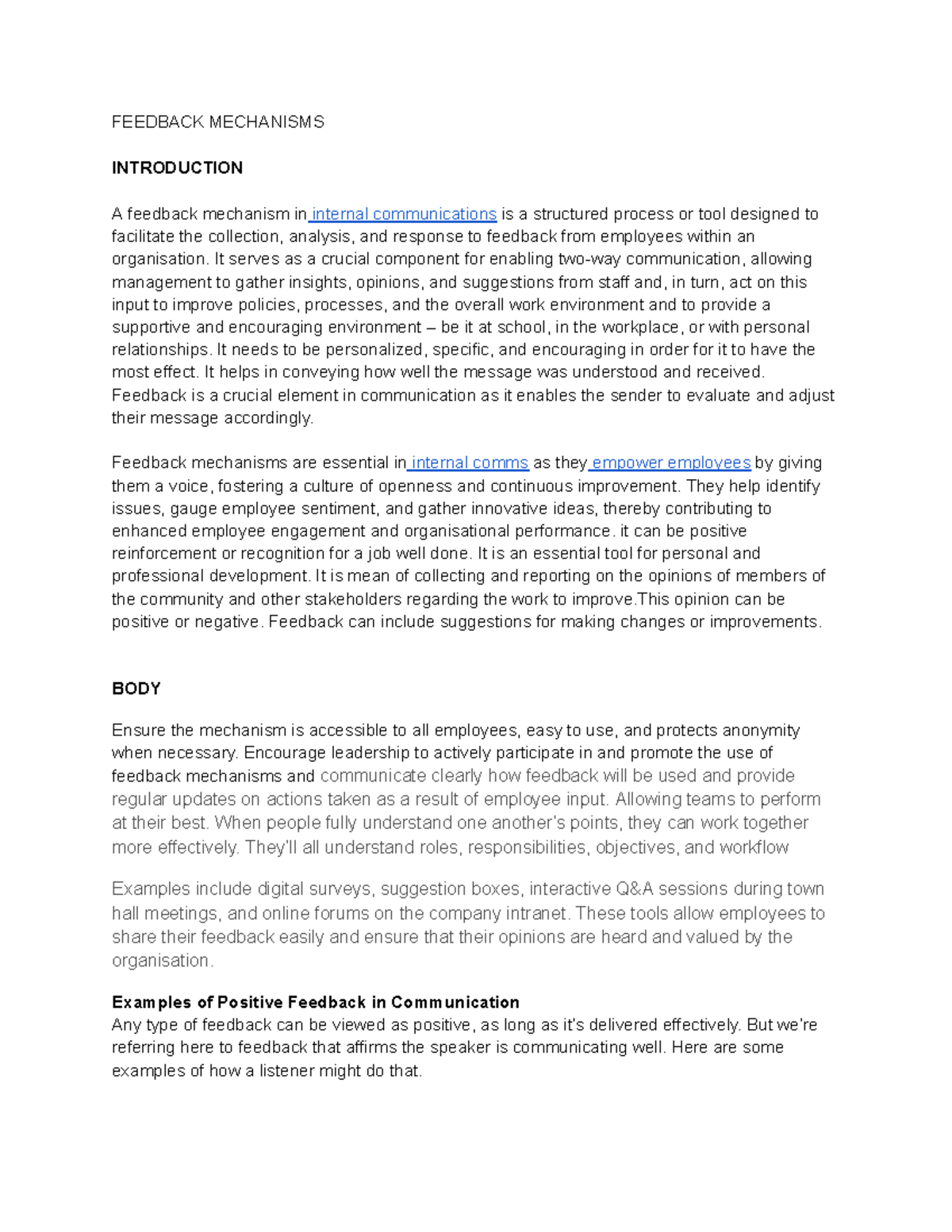 Copy of Feedback Mechanisms - FEEDBACK MECHANISMS INTRODUCTION A ...